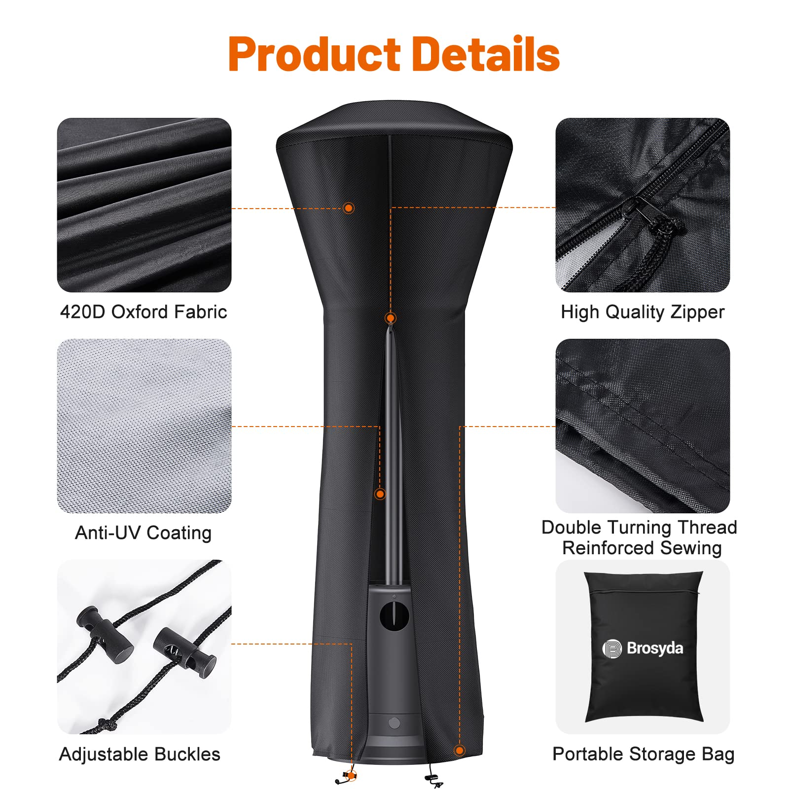 BROSYDA Patio Heater Covers with Zipper and Storage Bag for Outdoor Heaters, Waterproof, Snow-Resistant, Dust-Proof Covers for Propane Patio Heater, Black (89'' Height x 33" Dome x 19" Base)