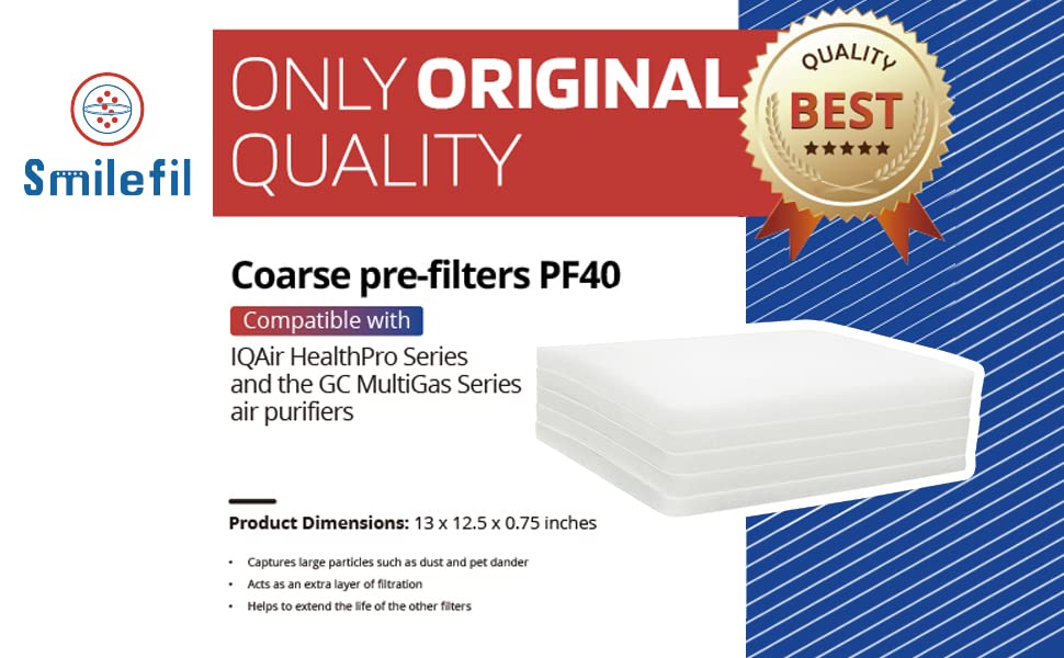 Smilfil 5 Pack PF40 Replacement Pre-Filter Pads Compatible with IQAir PF40 Coarse Dust Pre-Filtration Air Purifier
