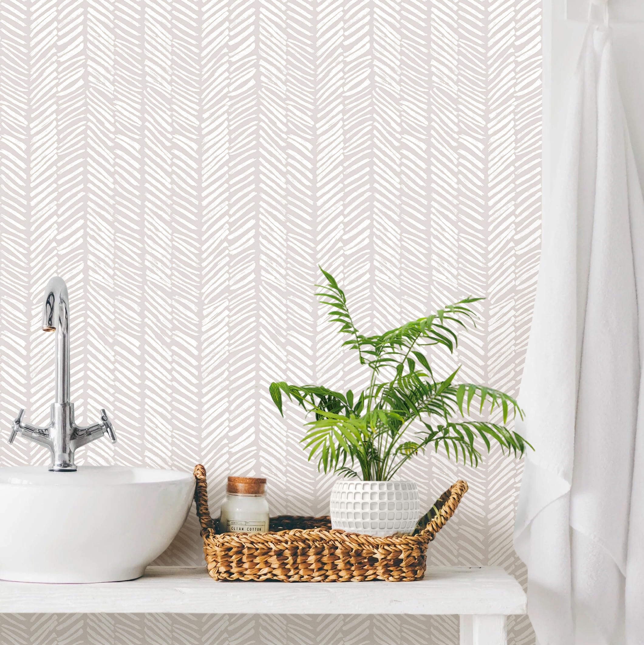 MelunMer Modern Peel and Stick Wallpaper Boho Contact Paper for Cabinets Stripe Wallpaper Line Self-Adhesive Wallpaper Removable Wallpaper for Bathroom Bedroom Shelf Liner Beige Waterproof 78.7"x17.3"