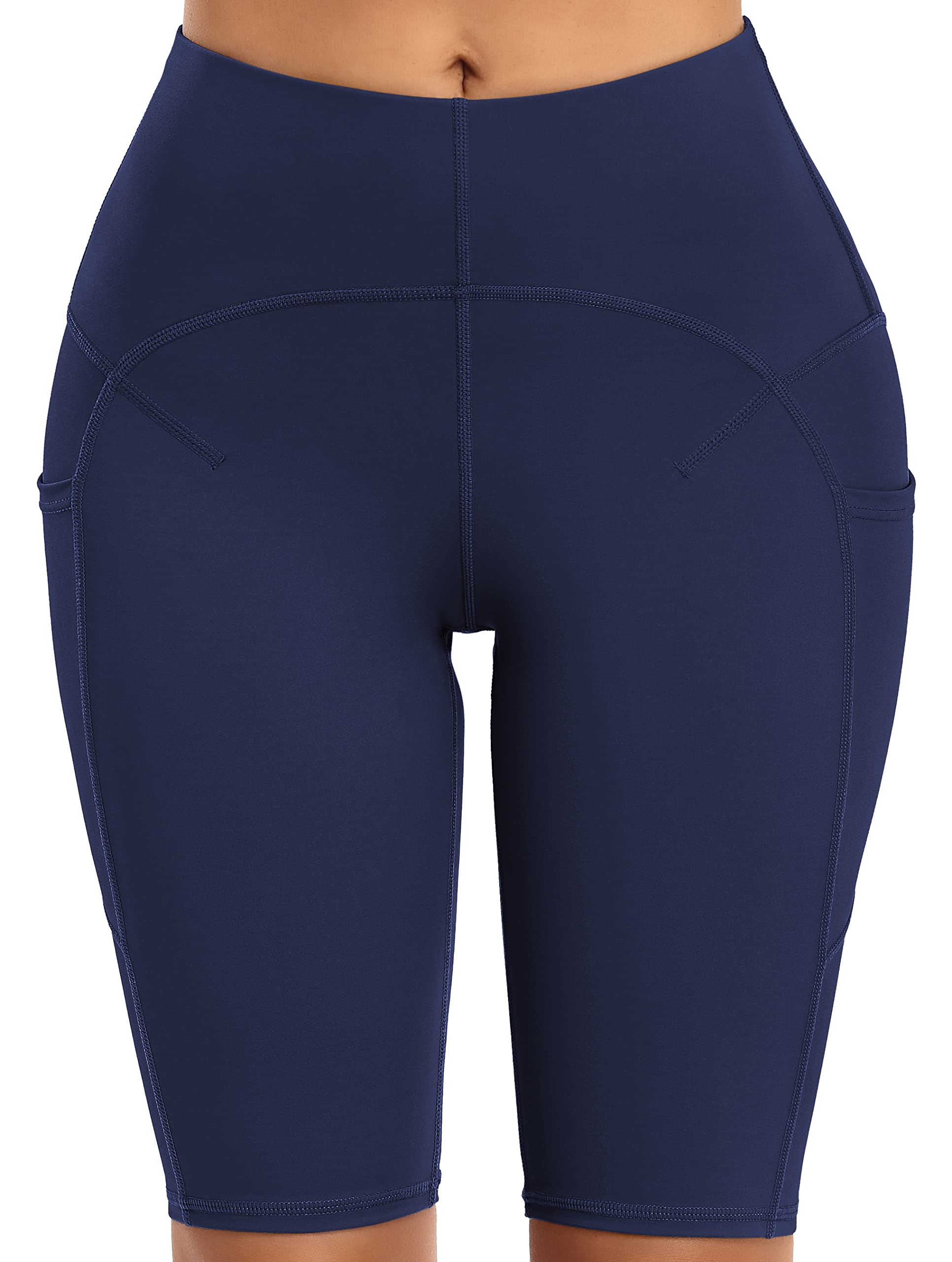 ATTRACO Biker Shorts with Pockets for Women High Waisted Tummy Control Workout Tights Shorts Blue
