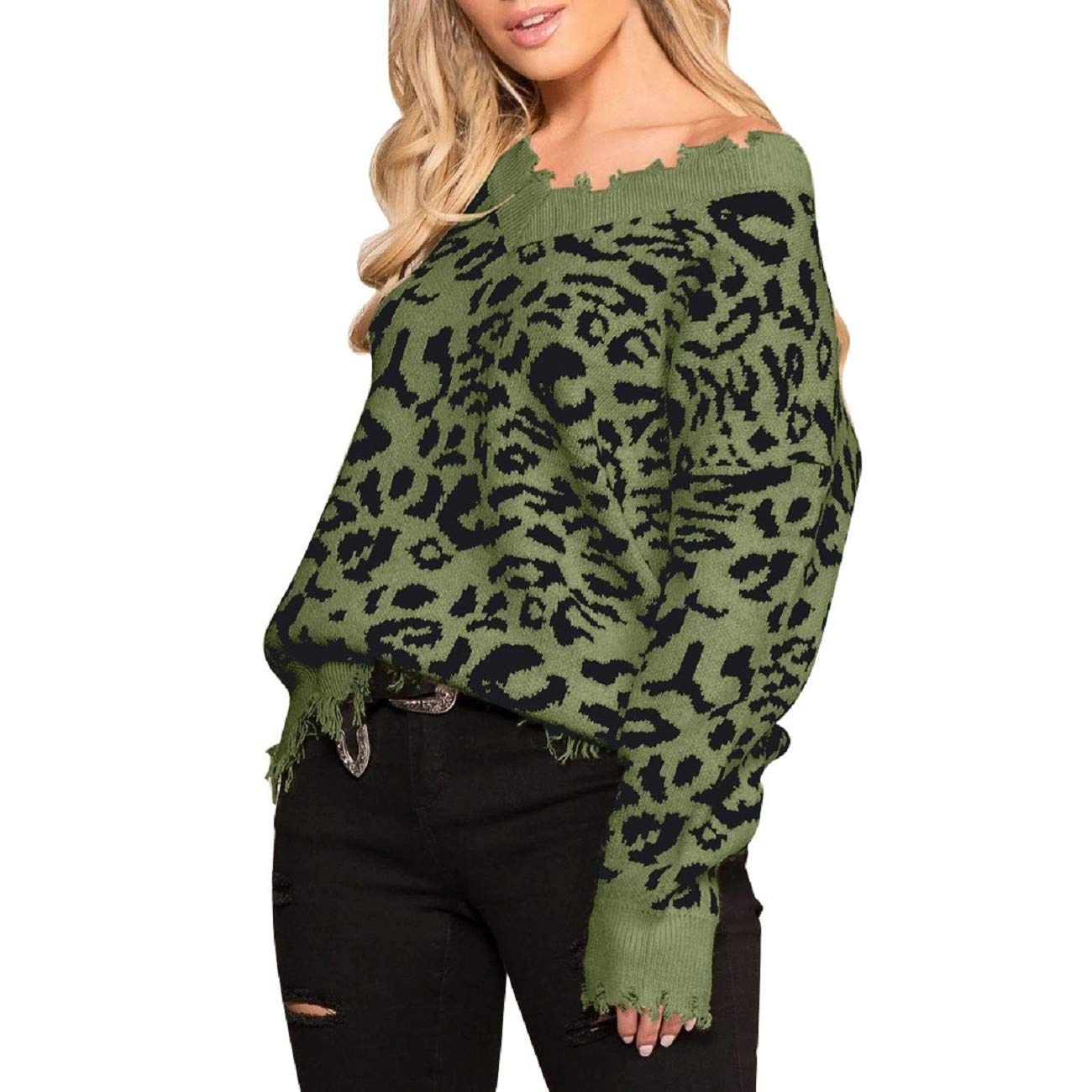FAPIZI Women's Fashion Leopard Print Off Shoulder Ripped Sweater V Neck Long Sleeve Distressed Knit Pullover Jumper Tops