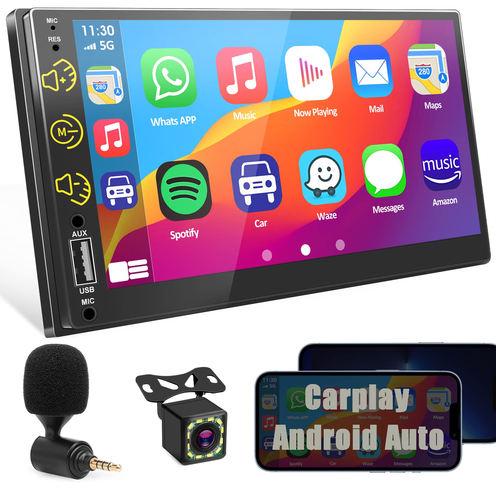 Apple Carplay Double Din Car Stereo Compatible with Android Auto, 7 inch HD Touchscreen Radio with Front Mic and Backup Camera, Car Audio Support Subwoofer, SWC, Voice Control, AM/FM, Mirroring