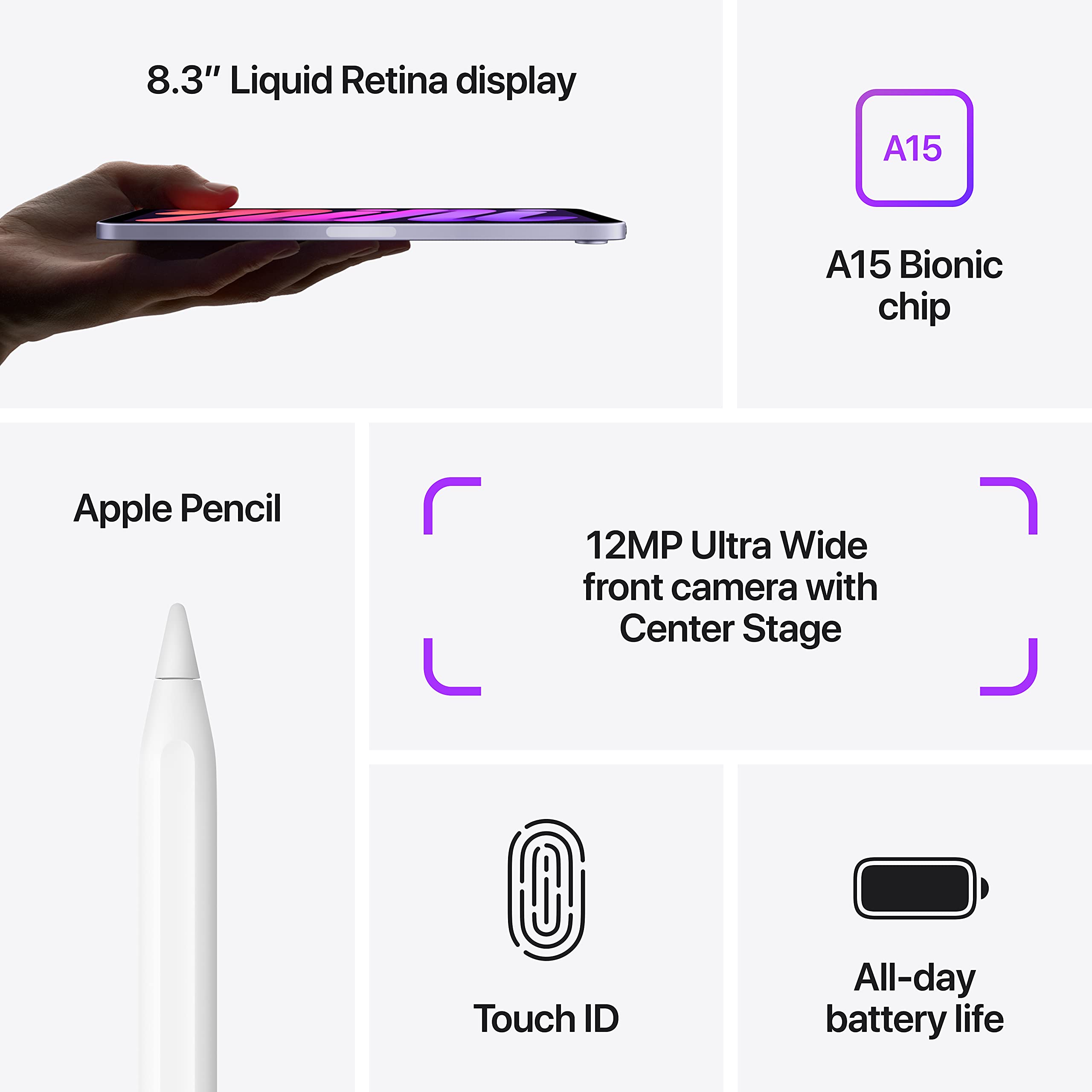 Apple iPad Mini (6th Generation): with A15 Bionic chip, 8.3-inch Liquid Retina Display, 64GB, Wi-Fi 6 + 5G Cellular, 12MP front/12MP Back Camera, Touch ID, All-Day Battery Life β Space Gray