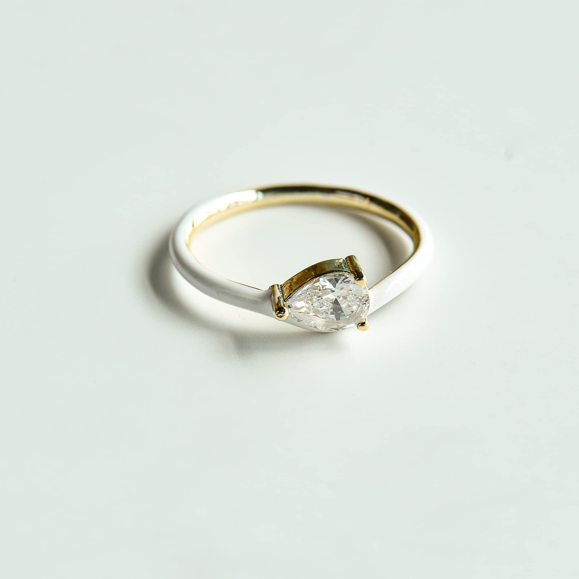 BLOSSOM & HUE White Enamel Ring | Size 8 | East West Pear Shaped Solitaire Cubic Zirconia | 18K Gold Plated .925 Sterling | Colorful Trend Setter