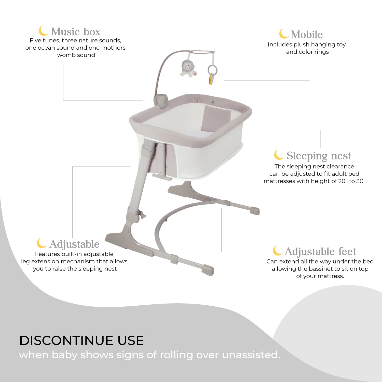 Arm’s Reach Versatile Co-Sleeper Bedside Bassinet Featuring Height-Adjustable Legs with Adjustable Feet, Mobile with Plush Hanging Toy, and Music Box that Plays 5 Tunes, Misty