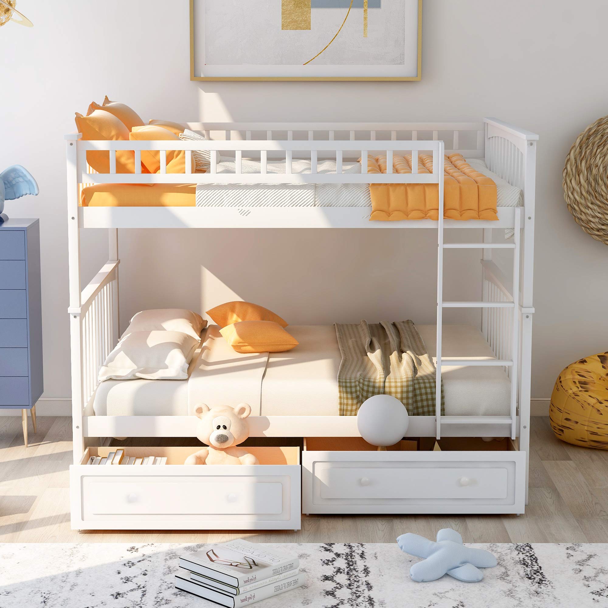 Merax Full-Over-Full Bunk Bed, Solid Wood Full Size Bunk Bed with Two Storage Drawers, Convertible Bunk Bed Can be Converted Into Two Full Size Daybeds (White)