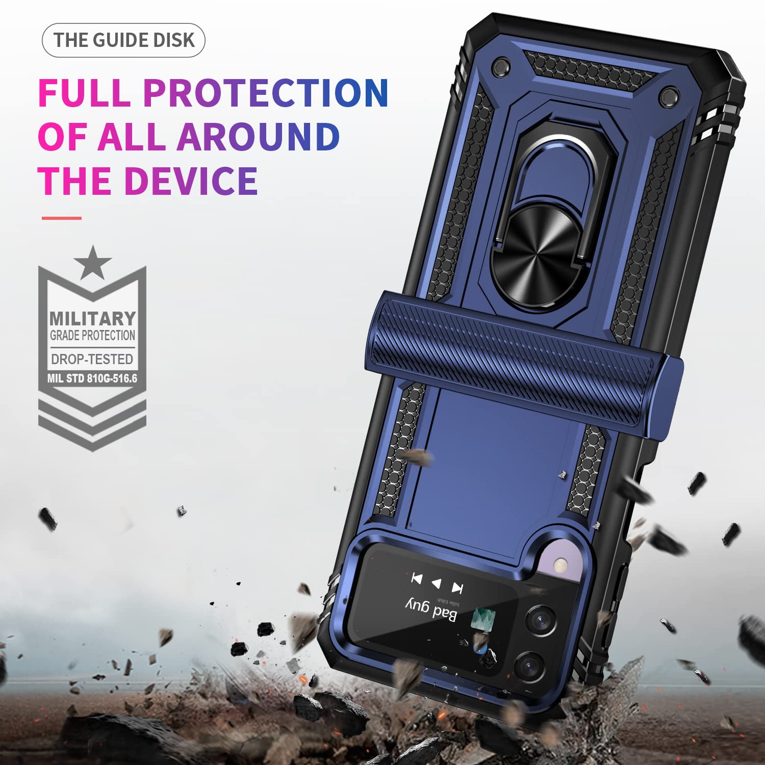 Armor Protective Case for Samsung Galaxy Z Flip 4 / Z Flip 3 5G, Military Grade Shockproof Samsung Galaxy Z Flip 4 & Z Flip 3 Case with Hinge Protection with Finger Ring Stable Kickstand, Blue