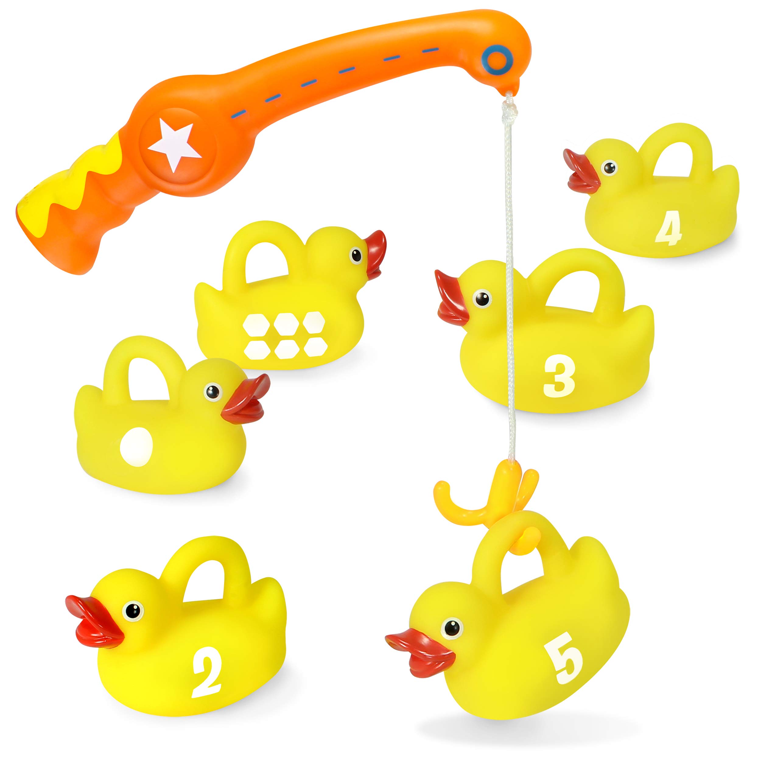 Kidzlane Bathtub Toys Fishing Game - 1 Toy Fishing Pole and 6 Rubber Ducks - Teaches Numbers & Shapes - Great Learning bath toy for Babies, Toddlers & Kids