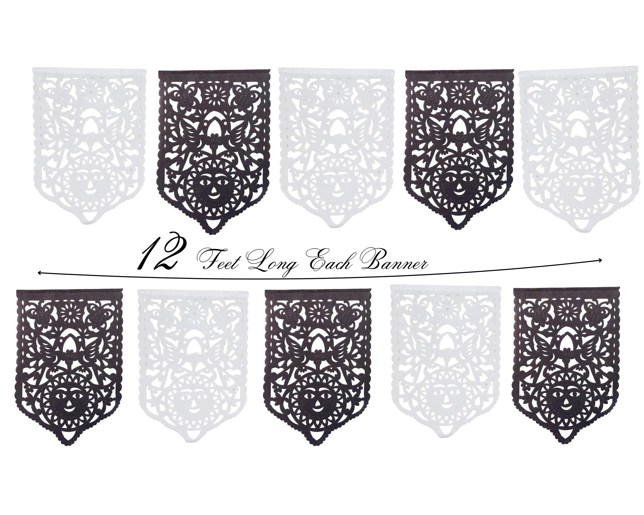 Black White Papel Picado Banners, Elegant Fiesta Decorations for Birthdays, Weddings, Bridal Showers, engagements, Paper Garland, Streamers, Bunting 2 Pack | Tissue Paper Flags