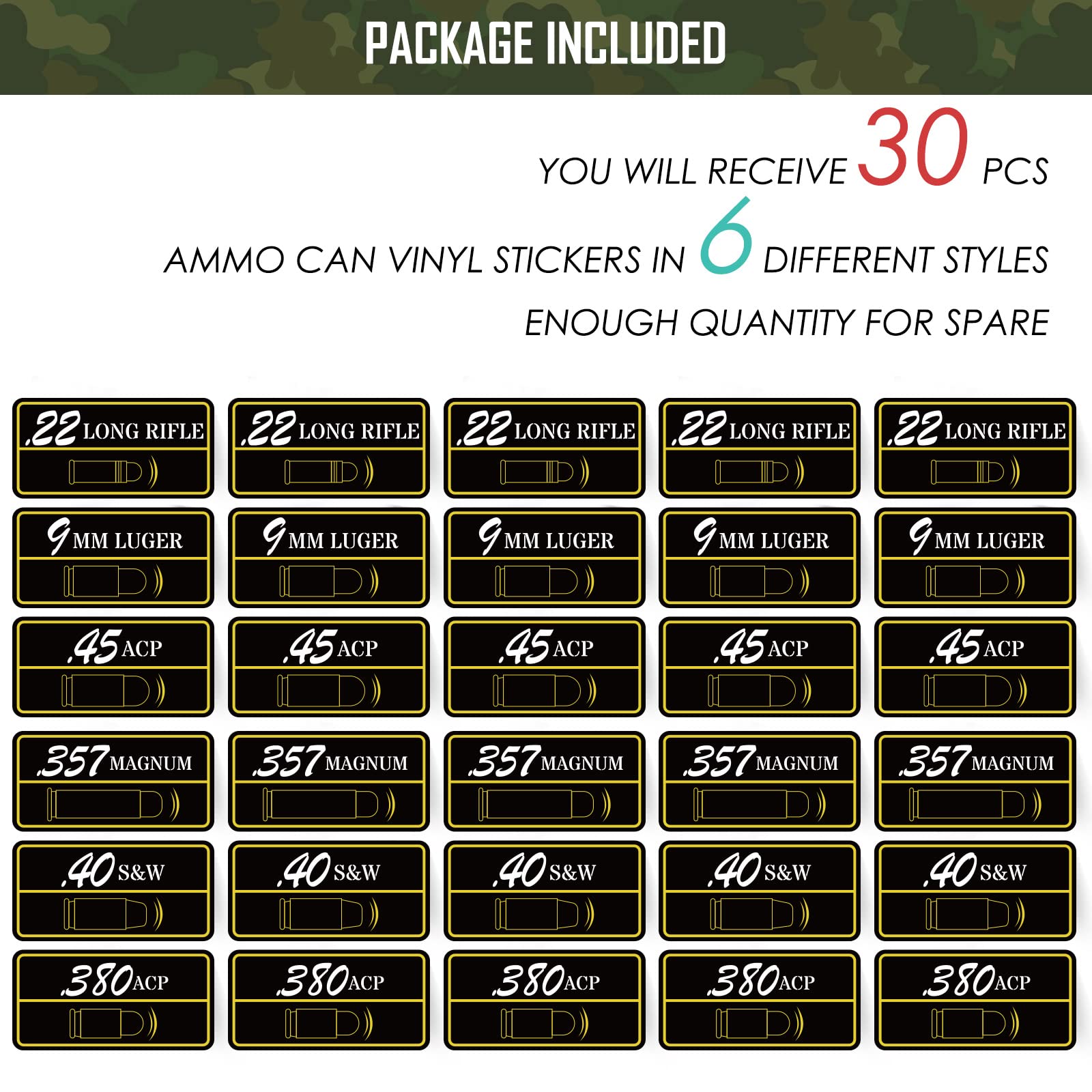 Aolamegs Pistol Ammo Can Sticker Set - .22 LR .45 AUTO 9MM Luger .357 Mag .40 S&W .380 AUTO Ammo Caliber Sticker, Black Bullet Pattern Vinyl Decal Ammo Can Labels for Box Case(6 Varieties/30 Pack)