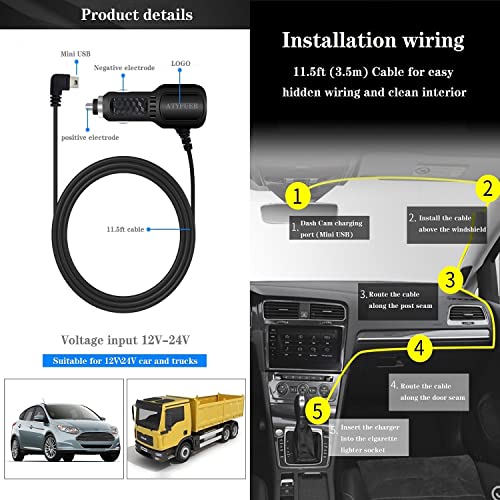 ATYFUER Dash Cam Hardwire Kit GPS Charger Cable GPS Navigator Charger Cable Mini USB Hard Wire Kit Dash Cam Power Cable for 12V Car and 24V Truck(11.5ft)