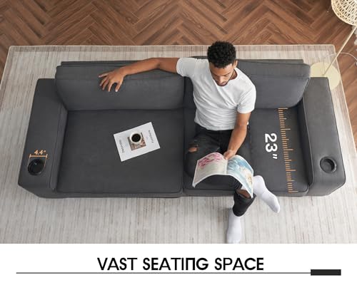 VanAcc Couch, 89 Inch Deep Seat Sofa with USB Charging Ports & Cup Holders, Modern Sofa Couch- Comfy Couch for Living Room (Charcoal Grey Chenille)