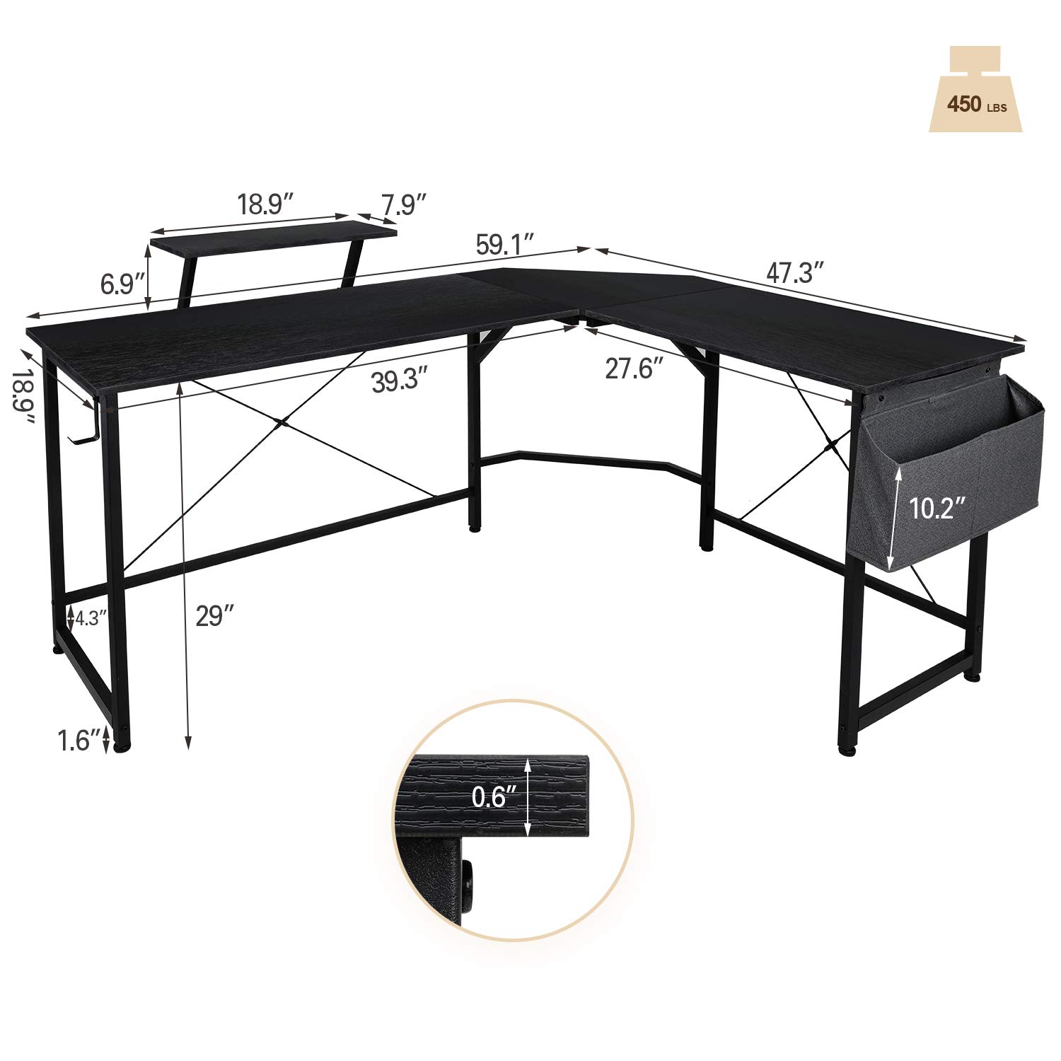 AuAg L Shaped Office Computer Desk with Storage Bag & Monitor Stand, Home Corner Gaming Desk, Study PC Writing Table Workstation (Black)