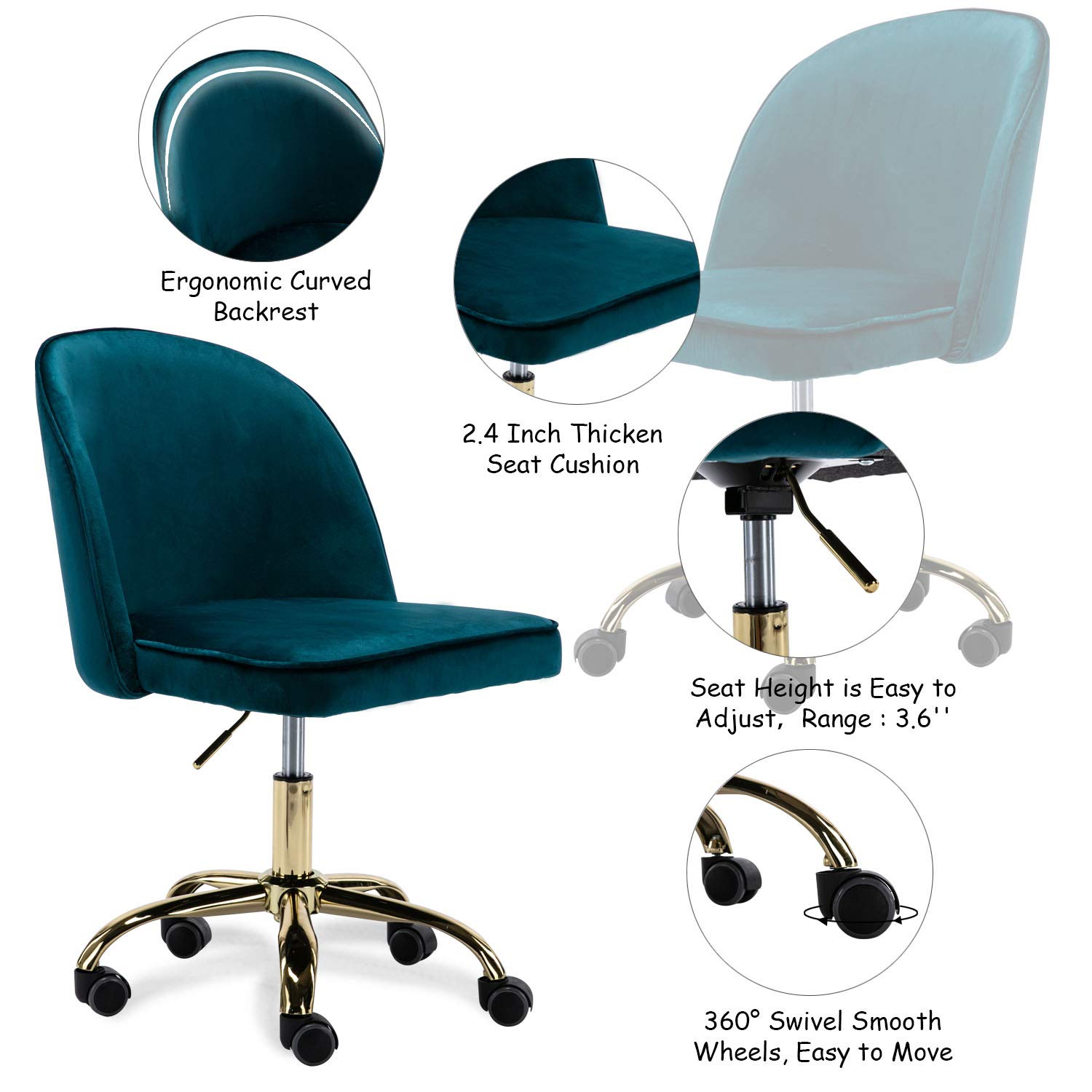 Armless Home Office Chair Upholstered Velvet Swivel Task Chair Adjustable Vanity Chair with Wheels Modern Desk Chair for Study (Dark Teal)