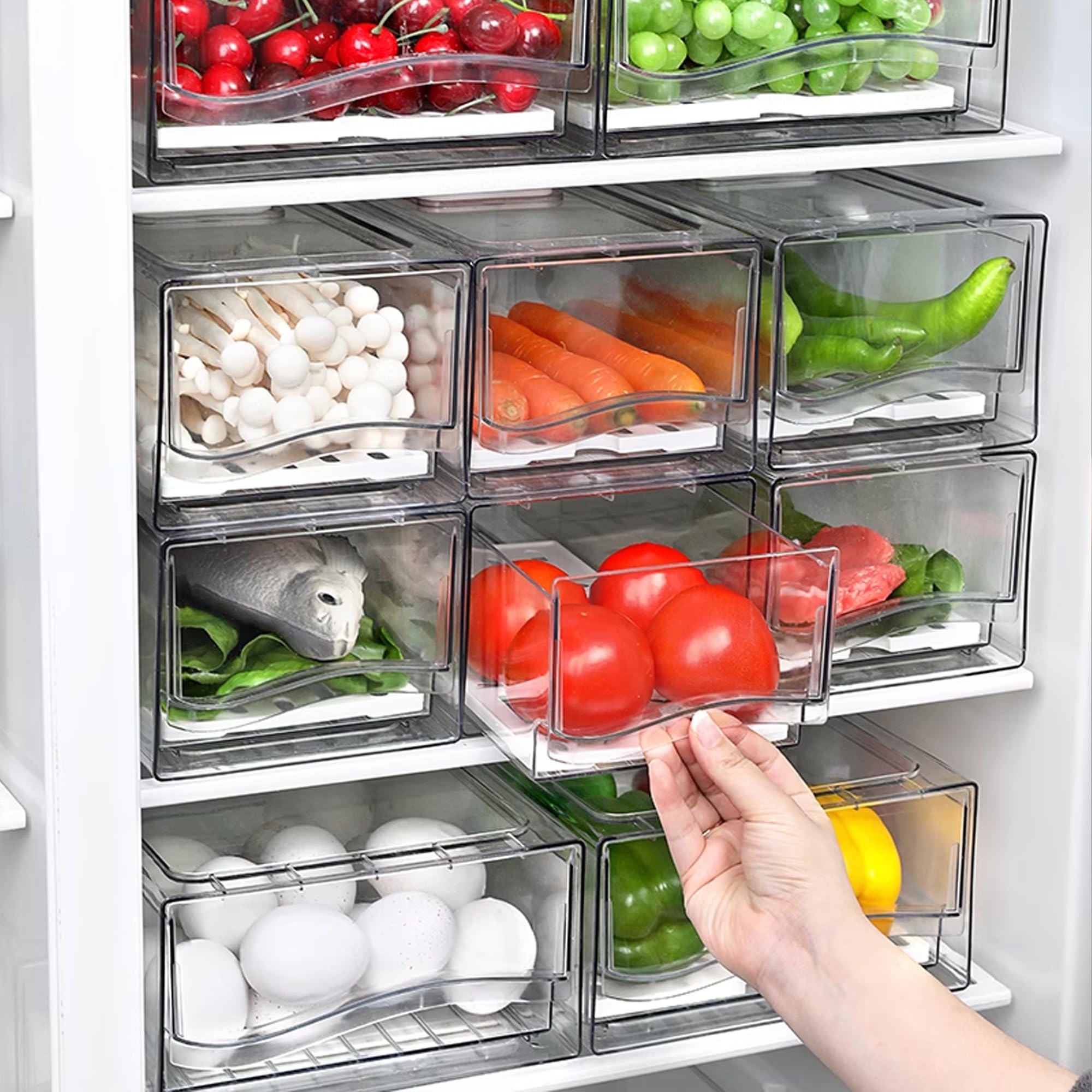 bealy 2 pack Refrigerator Organizing Bins with Drain Board Stackable Refrigerator Organizer Bins, Reusable Food Storage Containers, Fridge Drawer Organizer,Kitchen,Produce,Fruit,Vegetable