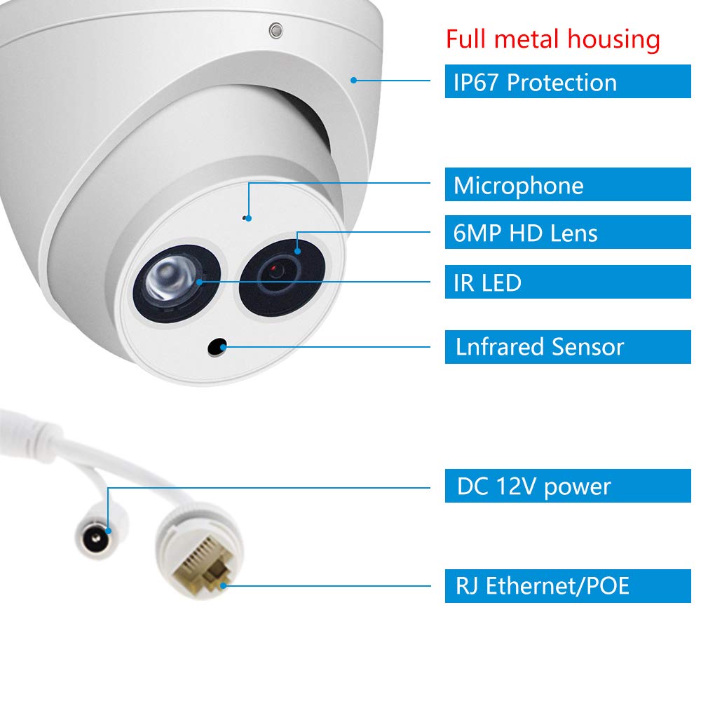 PANOEAGLE 6MP HD POE IP Camera, All-Metal Eyeball Dome Camera with Built-in MIC, 165ft Smart IR Night Vision, WDR ,DNR, IP67