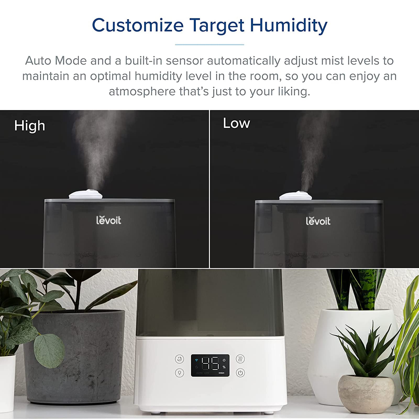 LEVOIT Ultrasonic Cool Mist Humidifiers, Adjustable 360° Rotation Nozzle, Auto Safety Shut Off, Lasts Up to 25 Hours, Filter Free, Optional LED Display Light, Ideal for Bedroom, 3L, White