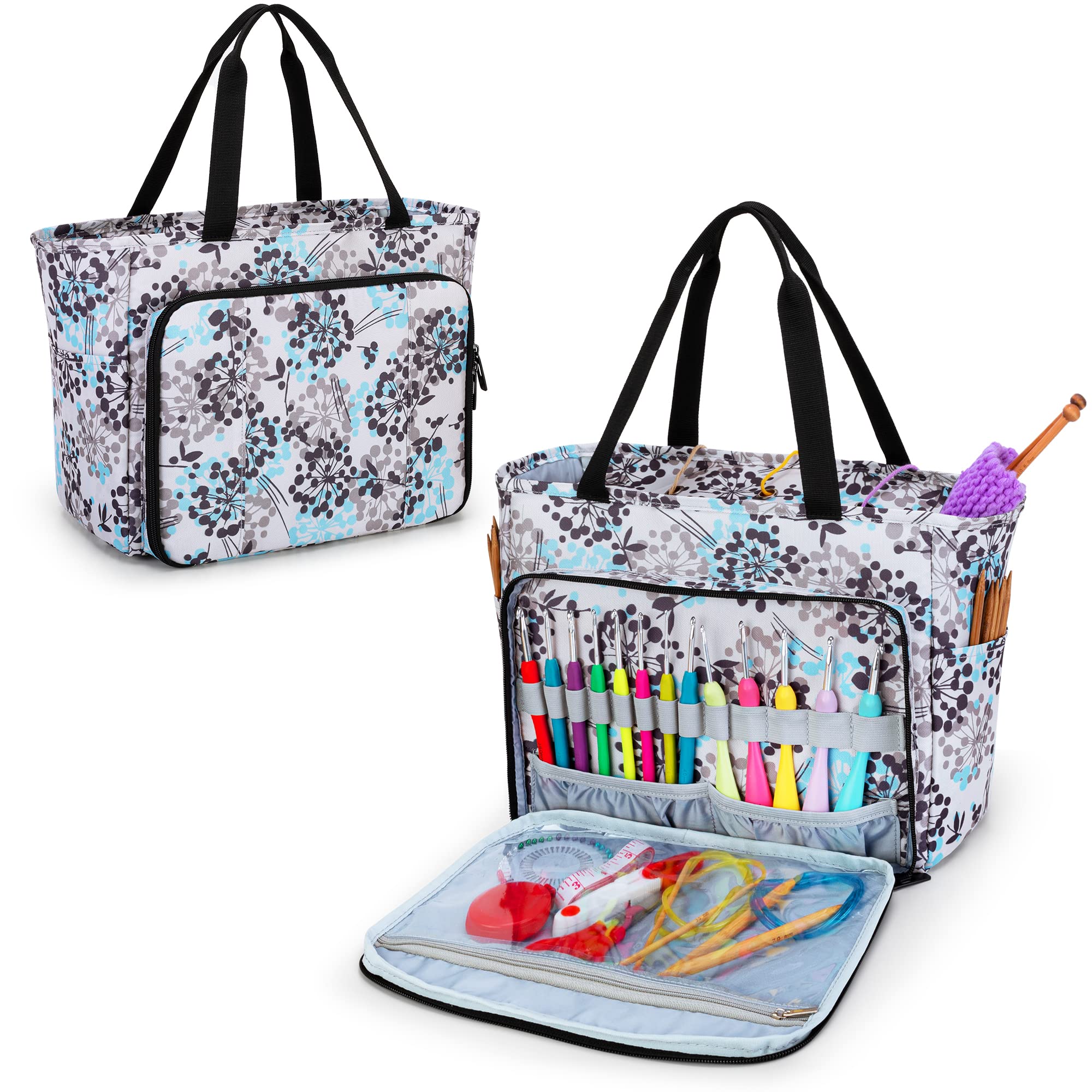 CURMIO Knitting Tote Bag, Yarn Storage Bag with Pockets for Crochet Hooks, Knitting Needles, Knitting Project and Accessories, Dandelion (Bag Only, Patented Design)
