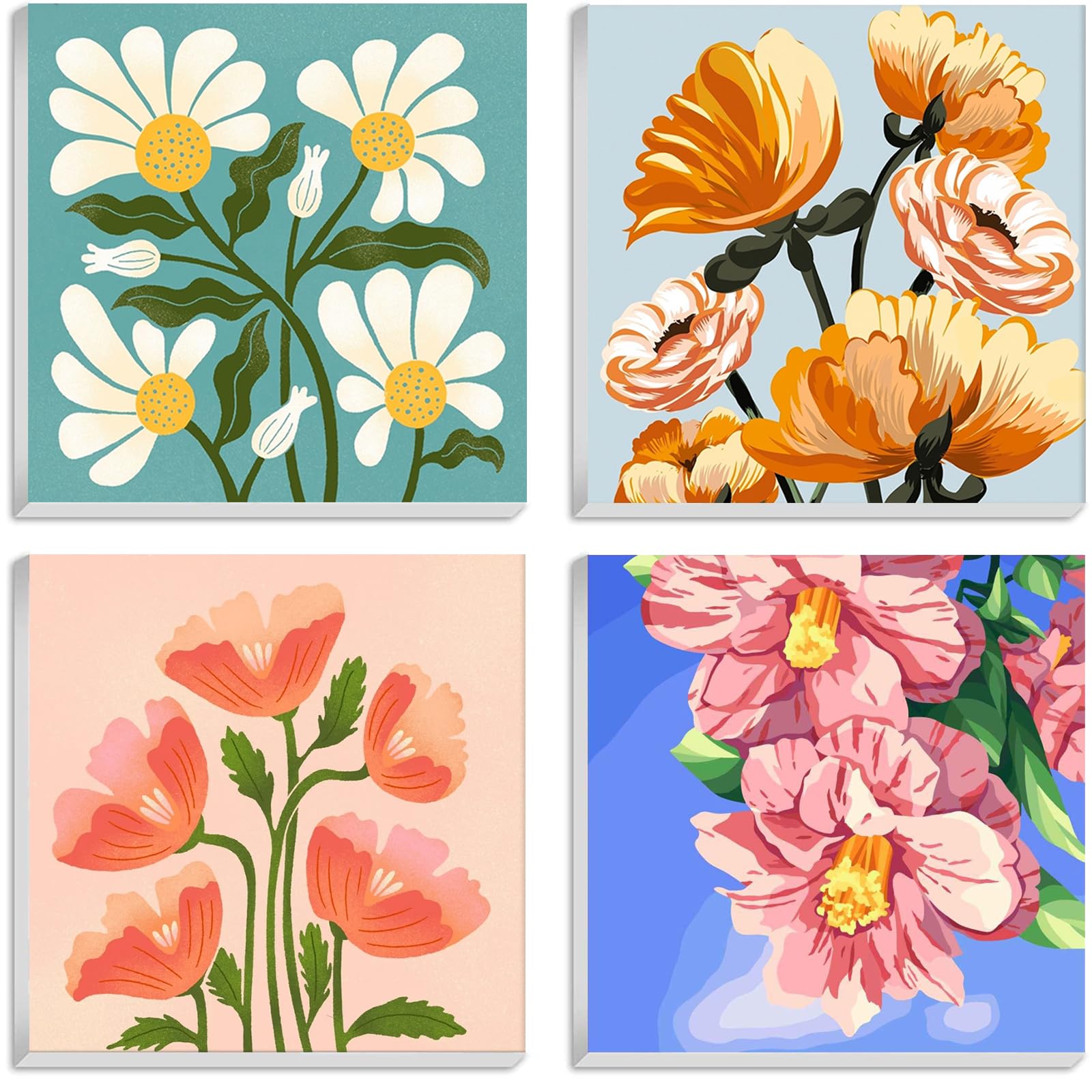 Amphol Flowers Paint by Number for Adults Canvas Framed, 4 Pack 10"x10" Easy Framed Paint by Number Kits for Beginner Kids, DIY Simple Flowers Acrylic Oil Painting Number Kits with Frame