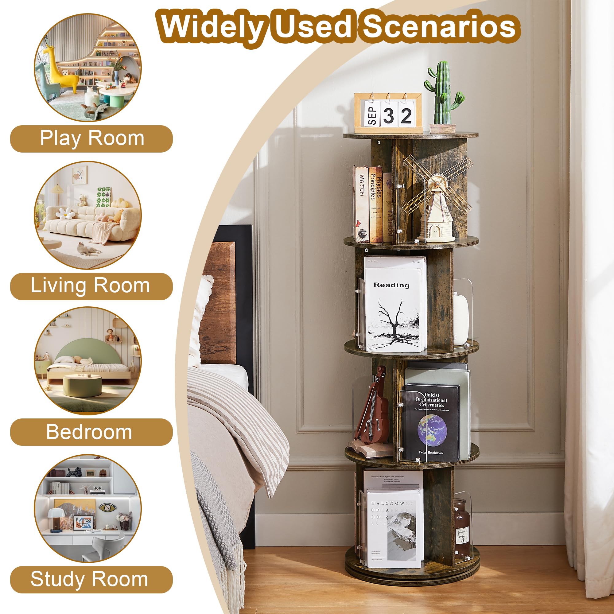 VECELO 4 Tier Revolving Bookshelf Tower, 360° Display Floor Standing Storage Rack with Acrylic Visible Window Partition for Bedroom, Living Room Home and Office, Brown
