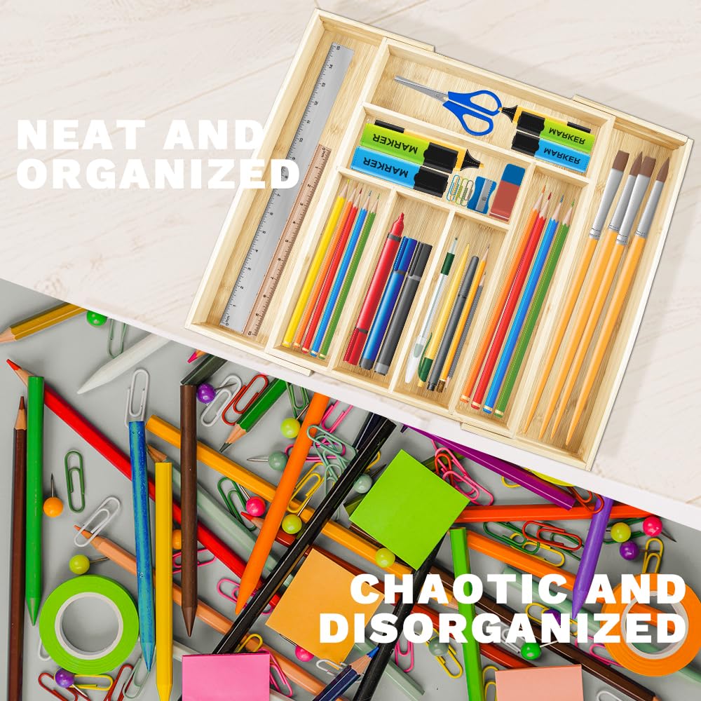 Bamboo Drawer Organizer for Utensils Holder,Silverware Organizer Kitchen Drawer Expandable Bamboo Cutlery Tray, Adjustable Wood Cutlery Tray in Drawer for Flatware and Silverware in Kitchen (yellow)