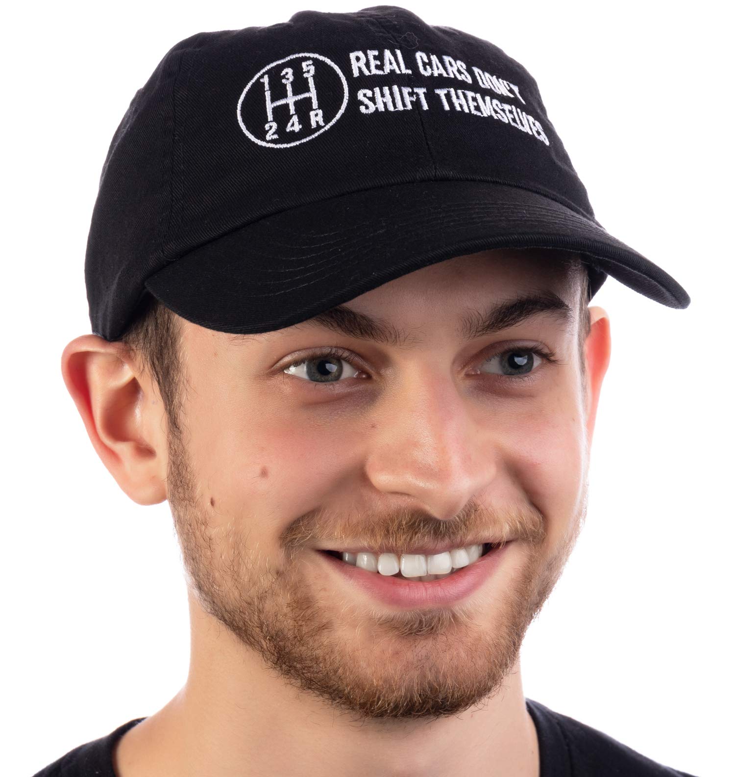 Ann Arbor T-shirt Co. Real Cars Don't Shift Themselves | Funny Auto Racing Mechanic Manual Baseball Cap Dad Hat Black