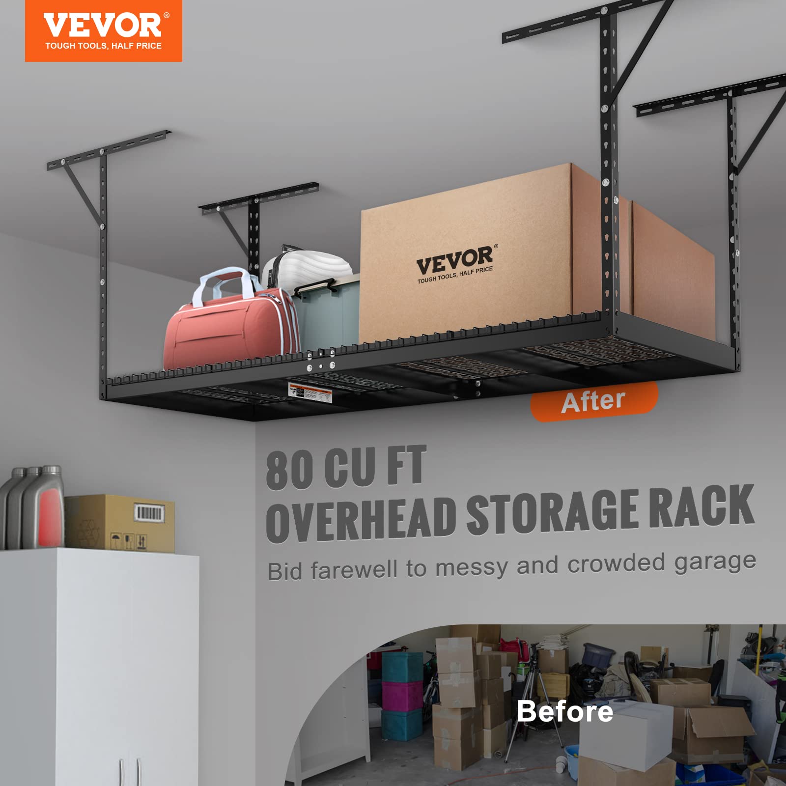 BestEquip 4x8 Overhead Garage Storage Rack, Adjustable Garage Storage Organization Systerm, Heavy Duty Metal Garage Ceiling Storage Racks, 600lbs Load Capacity, 22''-40"