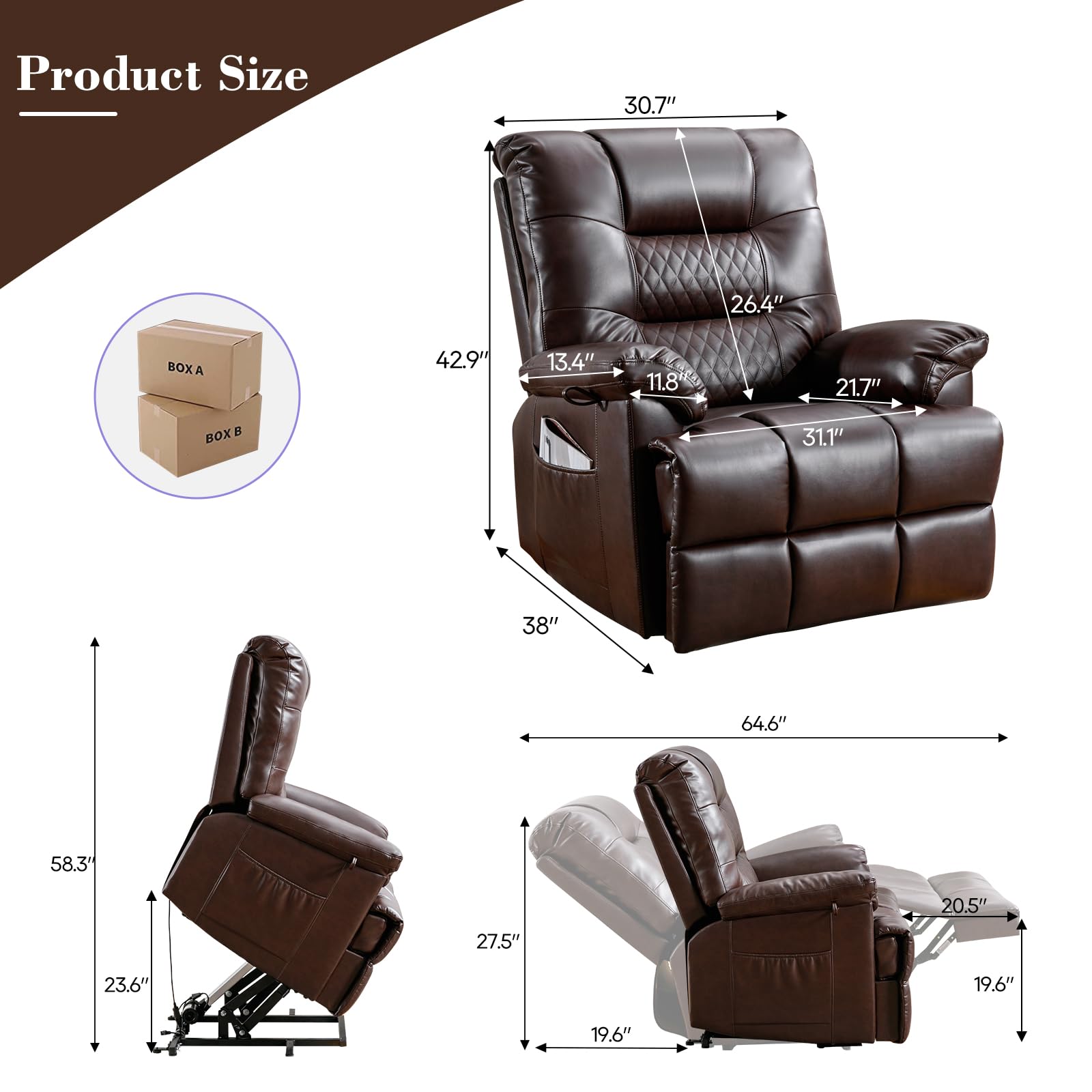 BAIJIAWEI B Power Lift Recliner Chair, PU Leather Electric Recliner with Vibration Massage & Heat Function, Heavy Duty Recliner with Remote Control, 3 Positions, USB Port