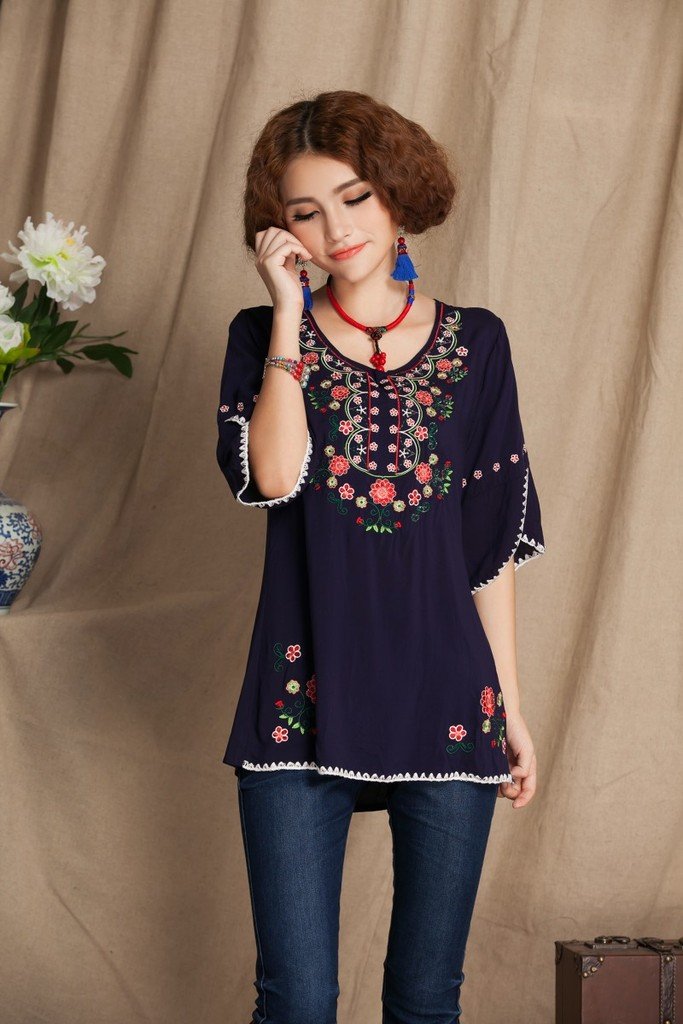 Ashir Aley Bell Sleeve Womens Girls Embroidered Cotton Peasant Tops Mexican Bohemian Shirts Blouses (L,Navy Blue)