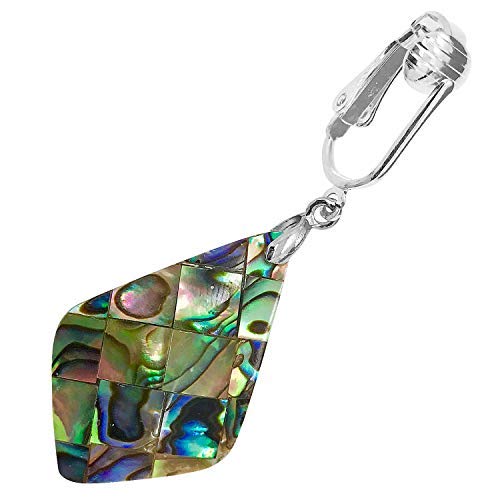 Aloha Earrings Tahitian-Style Abalone Paua Shell Clip On Earrings-Mother of Pearl Shells Authentic Ocean Romantic Shells Holiday, Authentic (Abalone Paua Rhombus Drop)