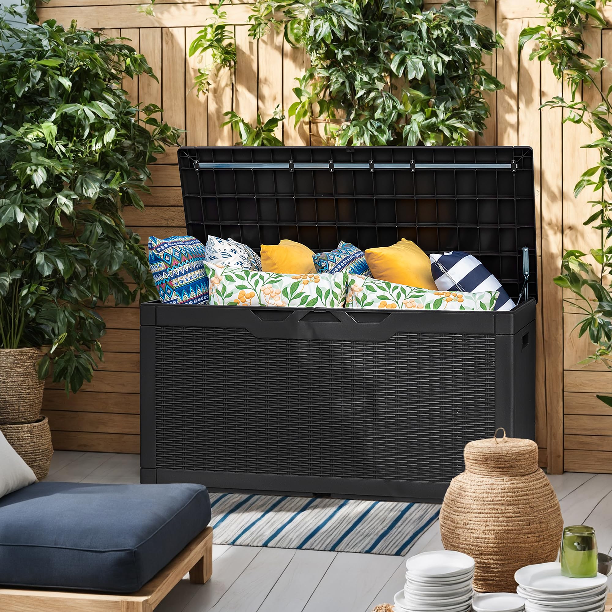 Flamaker Outdoor Storage Box 100 Gallon Waterproof Resin Deck Box with Air Rod Indoor Outdoor Lockable Storage Bench for Patio Cushions, Tools, Pool Accessories (Brown)