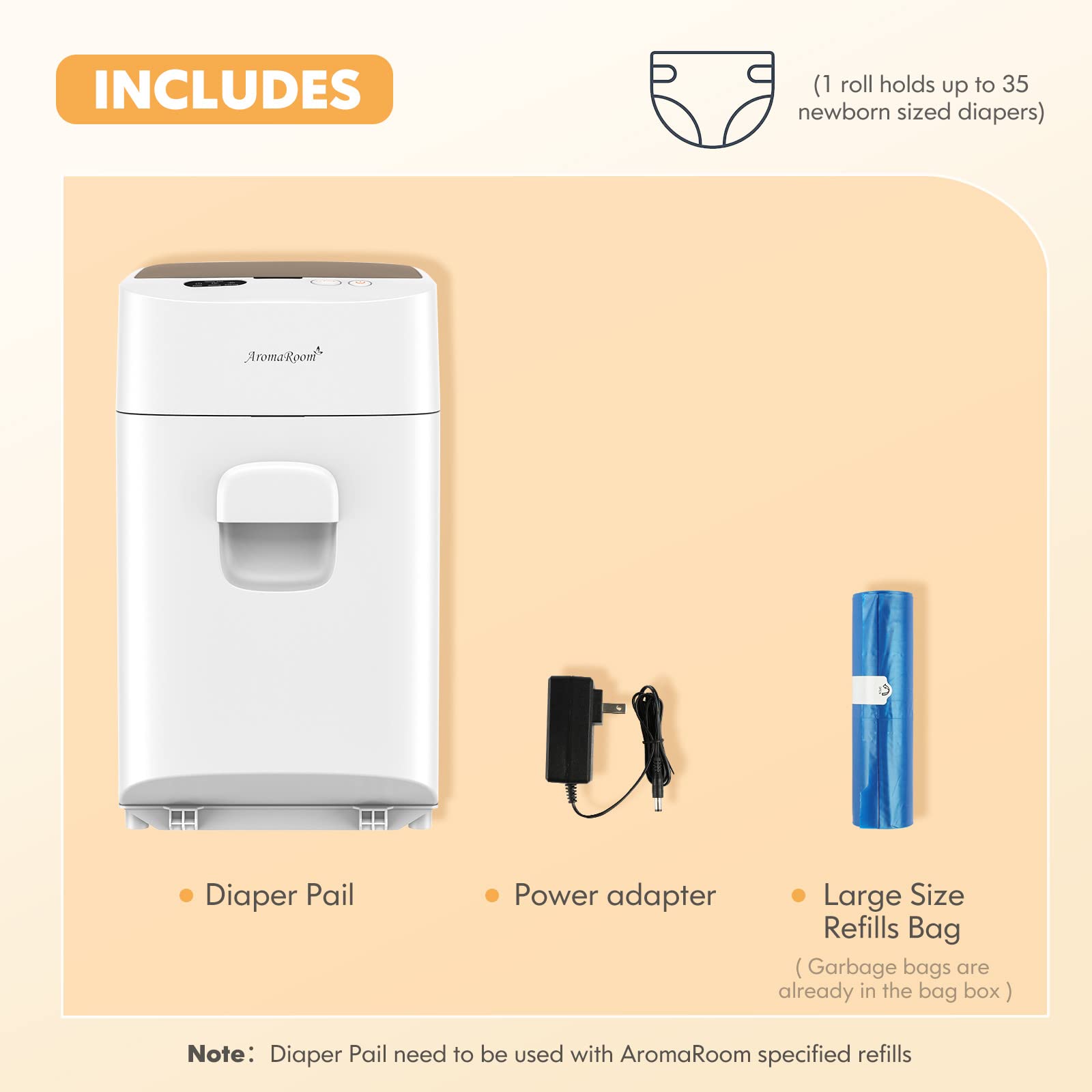 AromaRoom Electric Diaper Pail & Diaper Pail Refills bag 216 Count, 6 Rolls (Large Size)