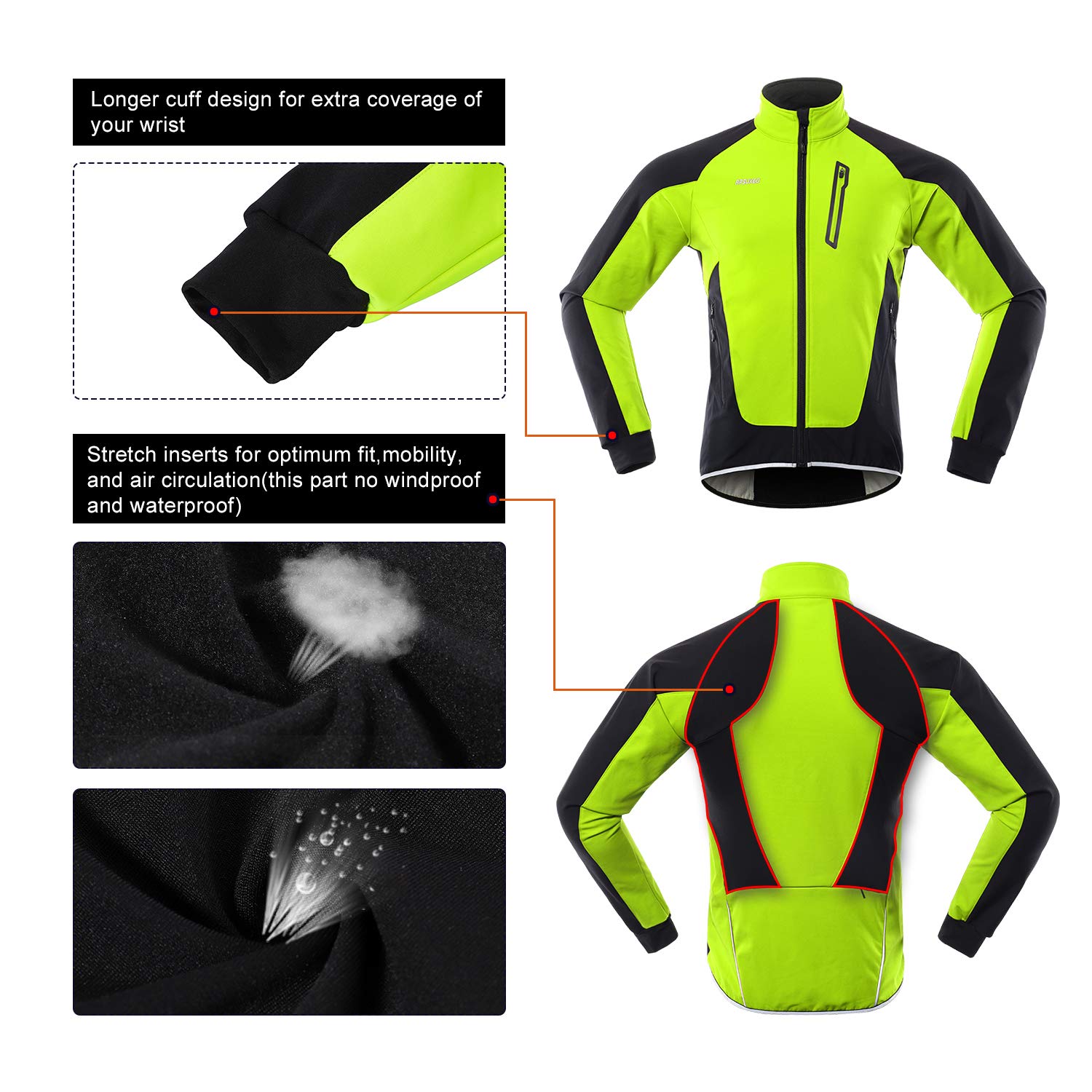 ARSUXEO Men's Winter Cycling Jacket Thermal Fleece Softshell Mountain Bike Outwear Windproof Waterproof 20B Green Size Large