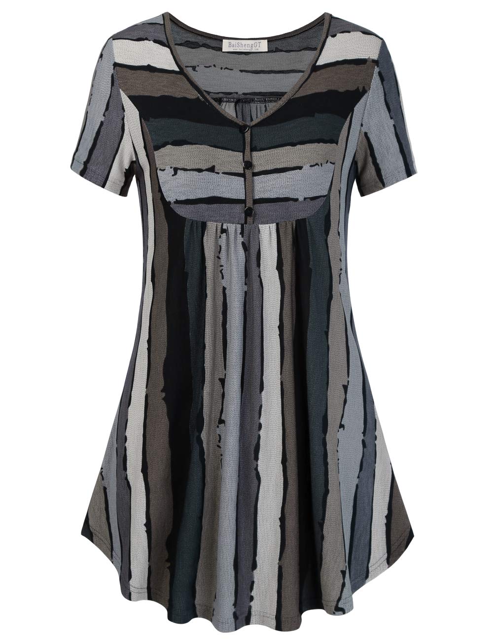 BAISHENGGT Women's Summer Short Sleeve Tops Bavarian Collar Pleated Button Henley Shirt Flared Tunic Shirts Grey Stripes Medium