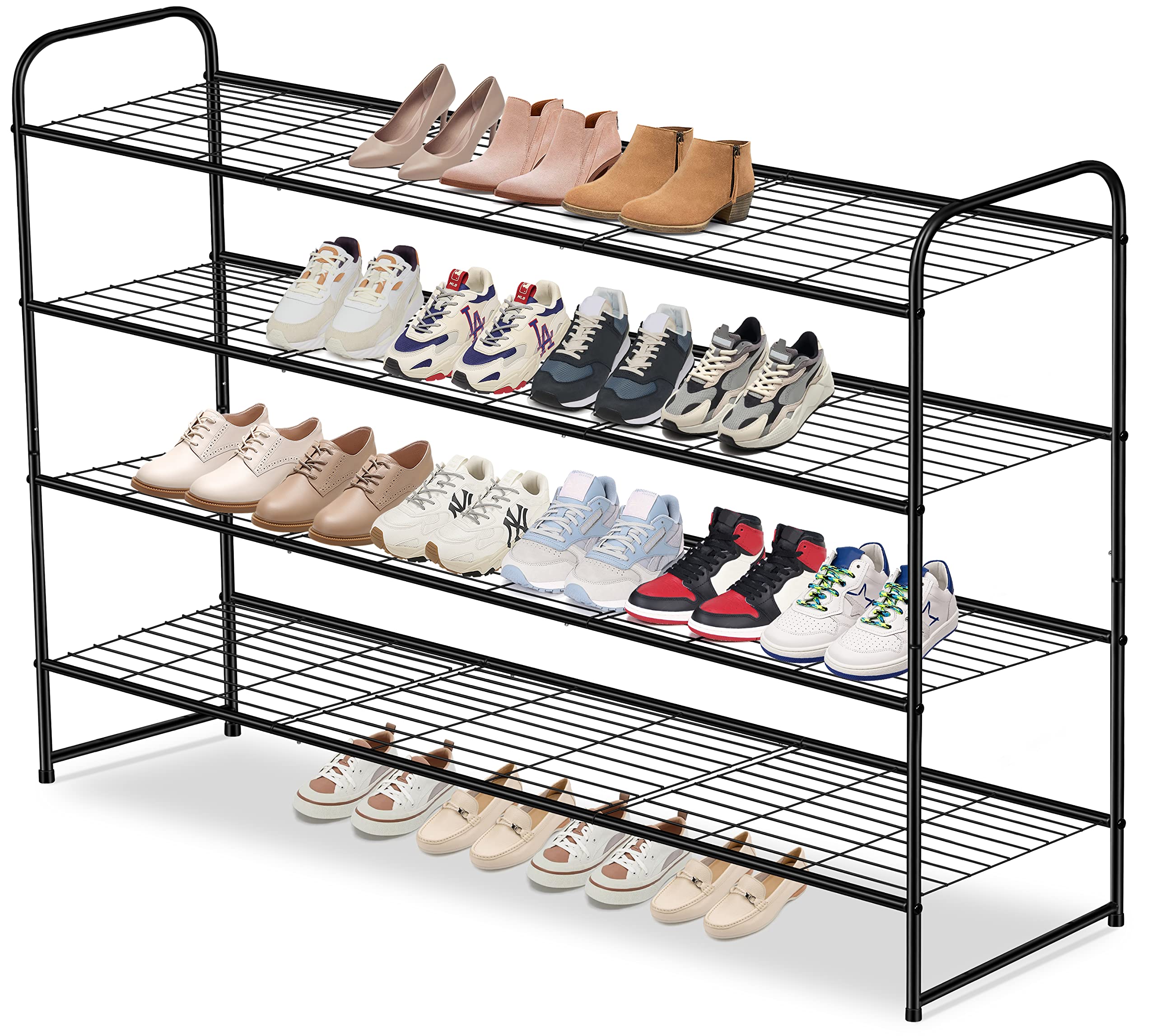 AOODA 4 Tier Long Metal Shoe Rack for Closet Wide Stackable Shoe Organizer for Entryway, Bedroom, Floor, Holds 30 Pairs Men Sneakers Large Shoe Storage Shelf with Wire Grid, Black