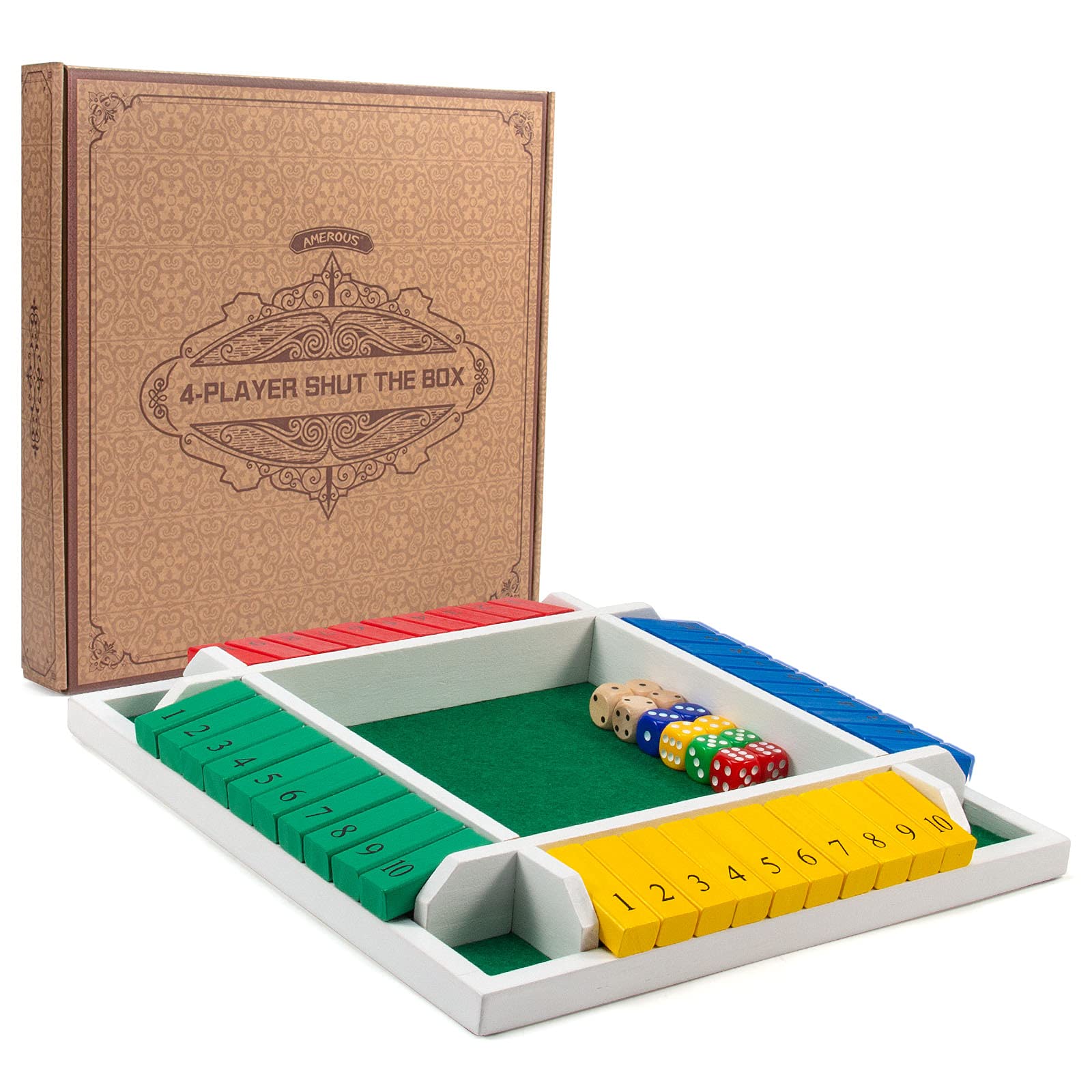 AMEROUS Shut The Box Dice Game-12 inches-Colorful Design-1-4 Players-12 Dice-Gift Package, Classic 4 Sided Wooden Board Game for Adults Kids, Classics Board Game
