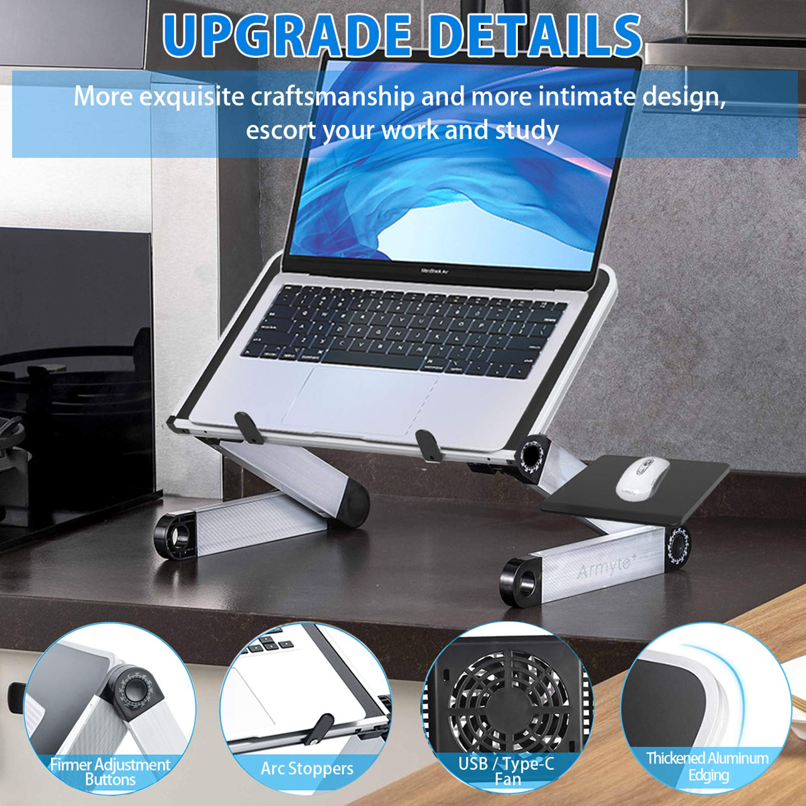 Armyte Laptop Stand Adjustable Height for Desk, Portable Lap Table with Cooling Fan & Mouse Pad for 15.6 Inch Notebook Lightweight Foldable Computer Riser for Couch Bed Sofa Home Office