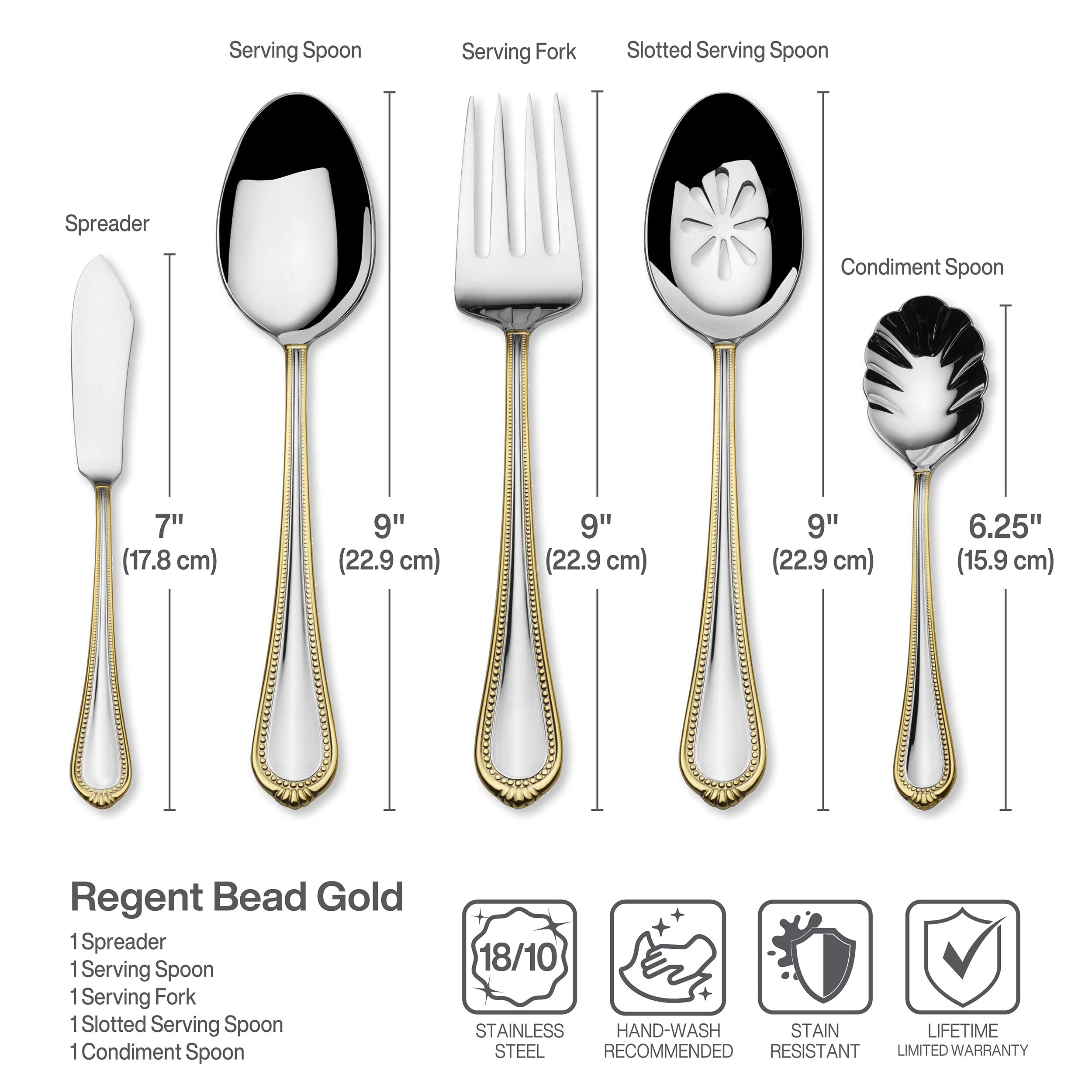 Mikasa, Gold Accent Regent Bead Flatware Service for 12, 65 Piece Set, 18/10 Stainless Steel, Silverware Set with Serving Utensils
