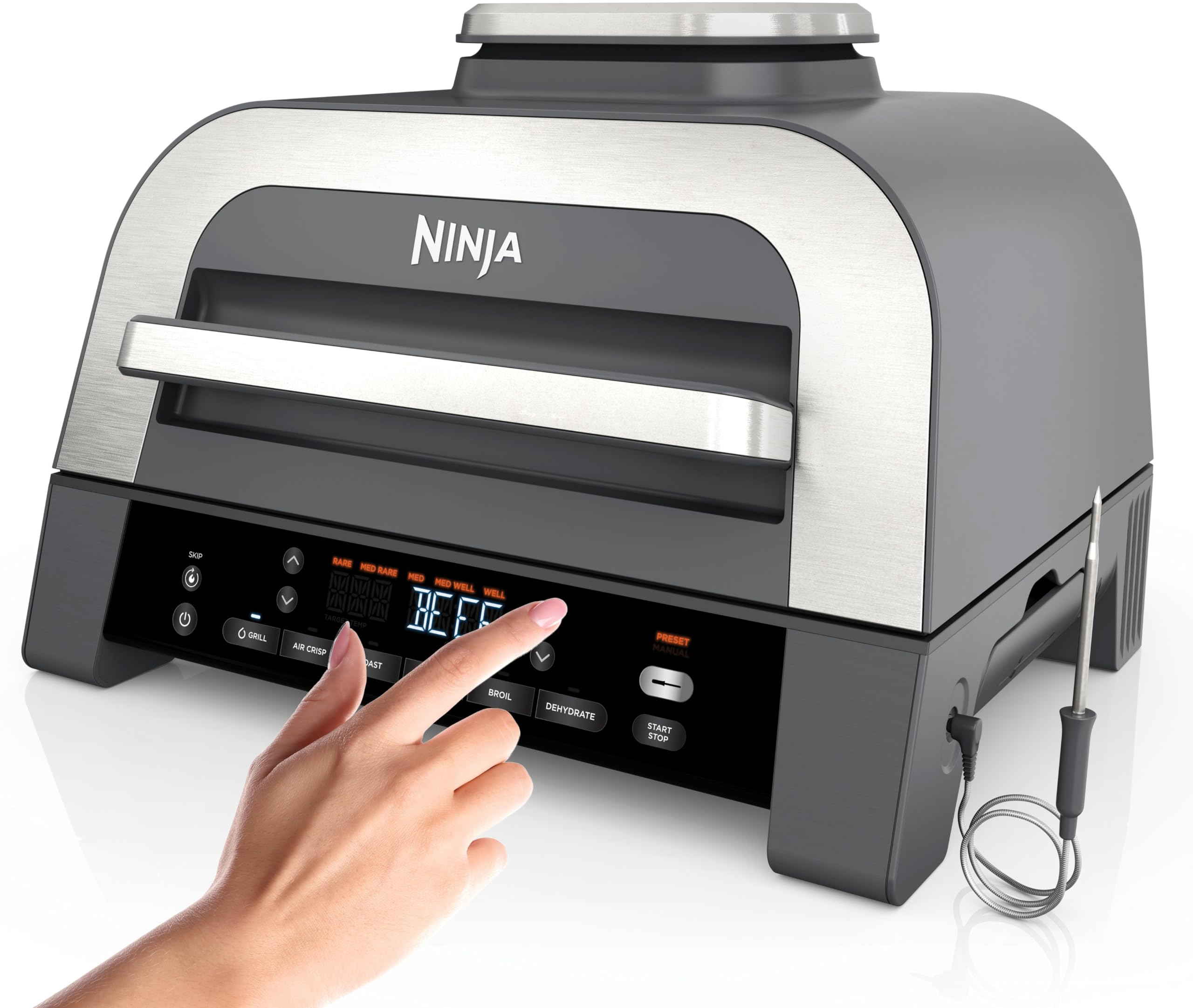 Ninja DG551 Foodi Smart XL 6-in-1 Indoor Grill with Air Fry, Roast, Bake, Broil, & Dehydrate, Foodi Smart Thermometer, 2nd Generation, Black/Silver (Renewed)