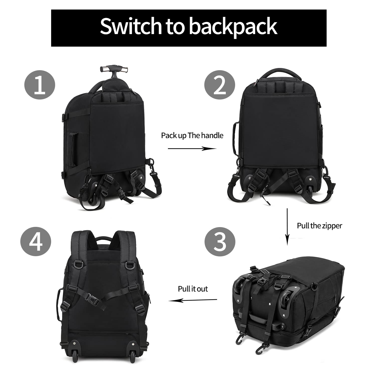 Asenlin 40L Rolling Backpack for Travel,Water Resistant Wheeled Laptop Backpack for Business,Fits 15.6-17 Inch Notebook,Durable Roller Computer Backpack for Women Men,Black