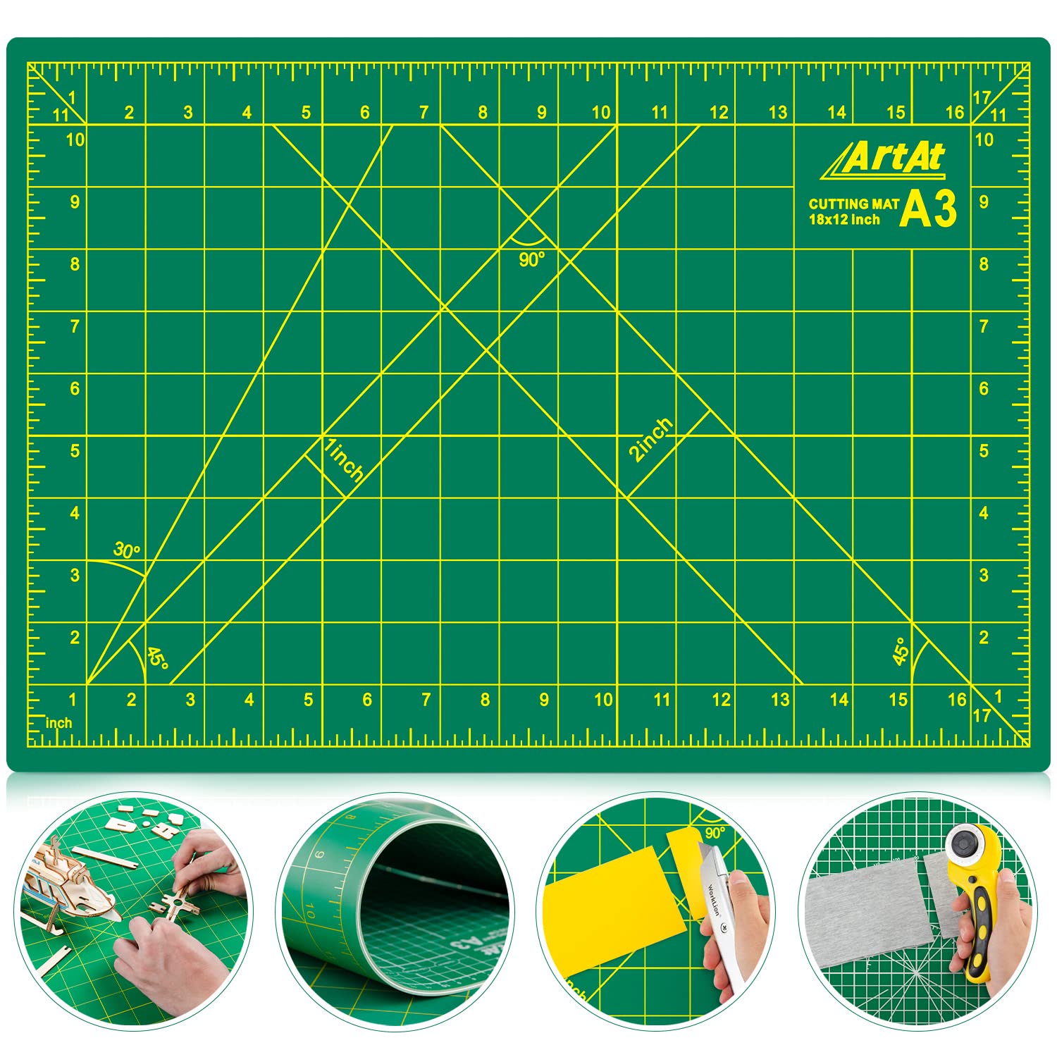 ArtAt Self Healing Cutting Mat: 12″x 18″ Green Double Sided Non-Slip 5 Layers PVC Durable Craft Sewing A3 Mat for Rotary Cutter, Use for Quilting and Scrapbooking and Craft & Art Projects…