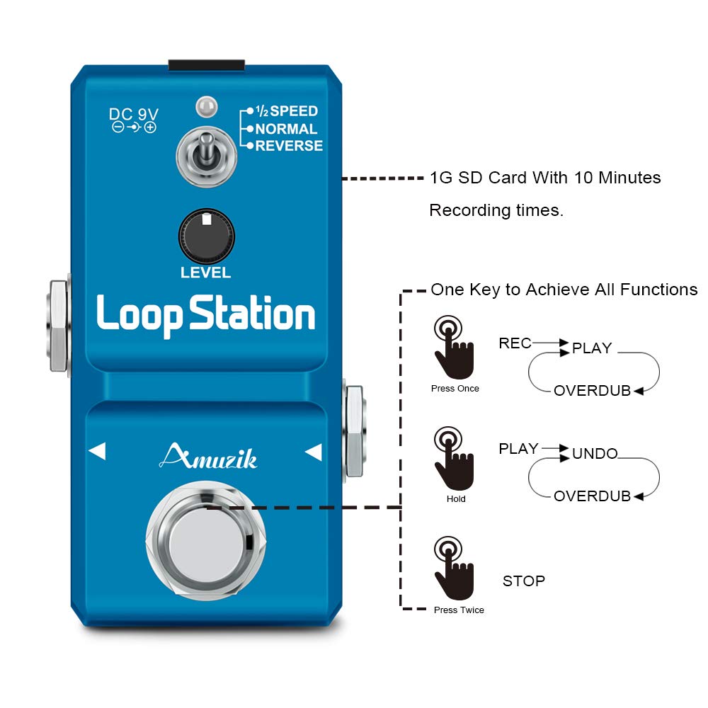 Amuzik Guitar Looper Station Loop Effects Pedals Unlimited Overdubs 10 Minutes of Looping, 1/2 time, and Reverse,3 Modes built-in SD Card for Memory