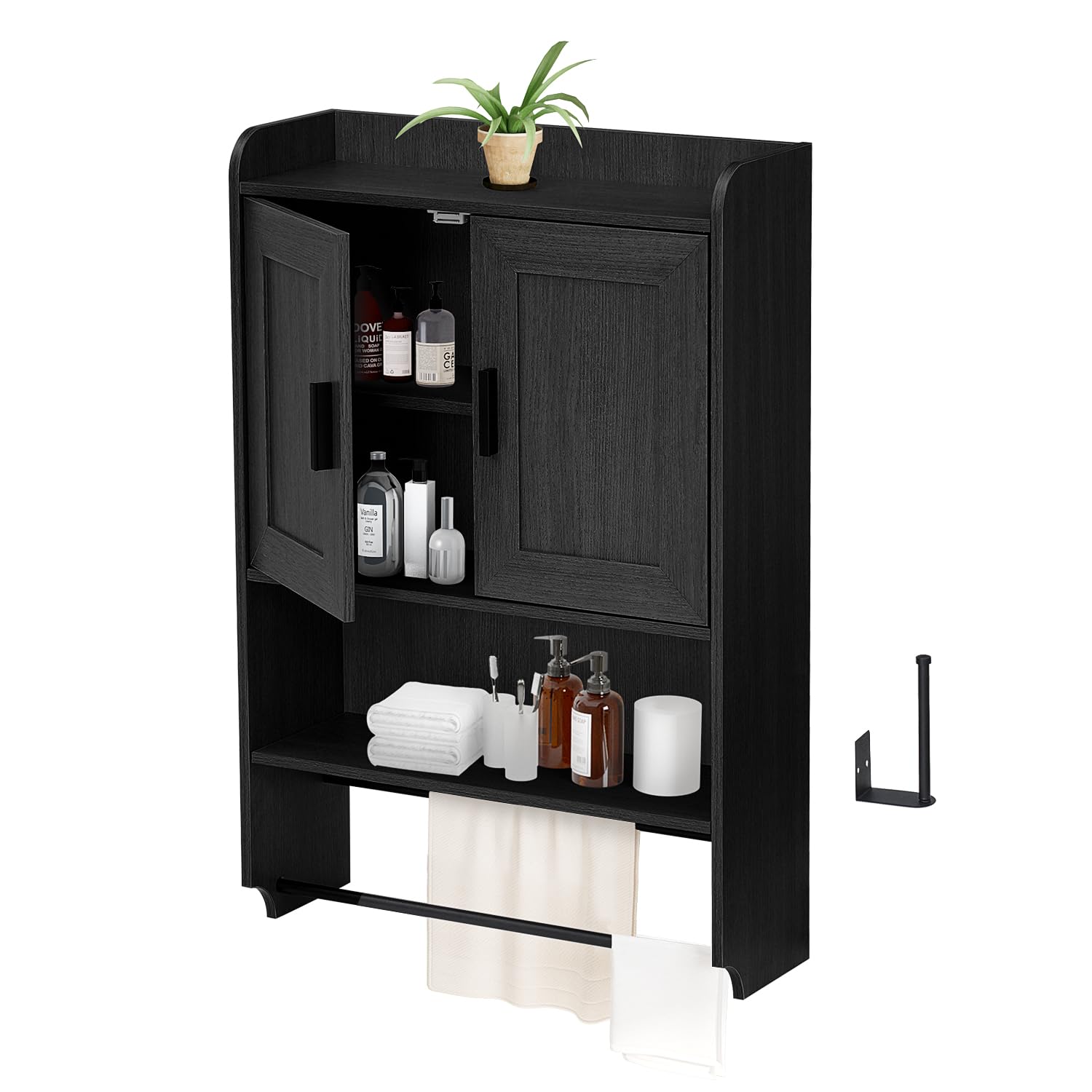 Bathroom Wall Cabinet, Wooden Medicine Cabinet Over the Toilet with Adjustable Inner Shelf, Wall Mounted Cabinet with Doors for Bathroom Storage, Hanging Cabinet for Wall with Towels Bar (Black)