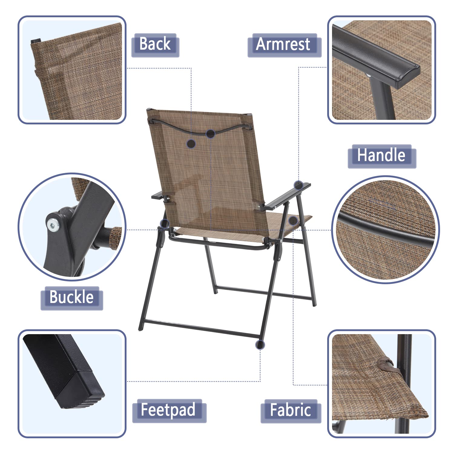 VICLLAX 5 Pieces Outdoor Patio Dining Table and Chairs Set, 4 Portable Dining Chairs & Square Metal Frame Table with Umbrella Hole for Backyard Garden Deck, Brown/Black