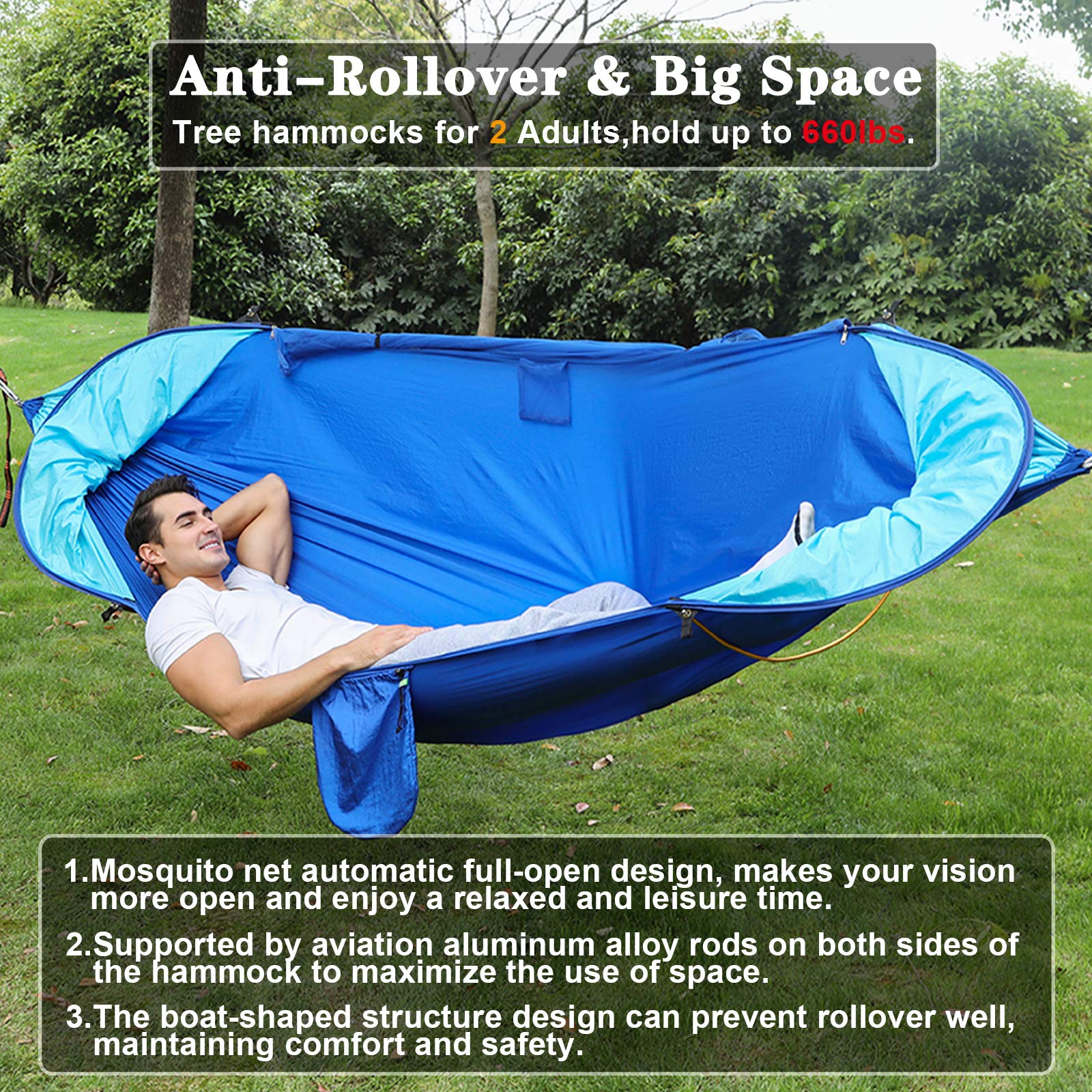 AMZQJD Anti-Rollover Camping Hammock Double & Single Portable Hammocks with Mosquito/Bug Net for Outdoor Travel (Blue)