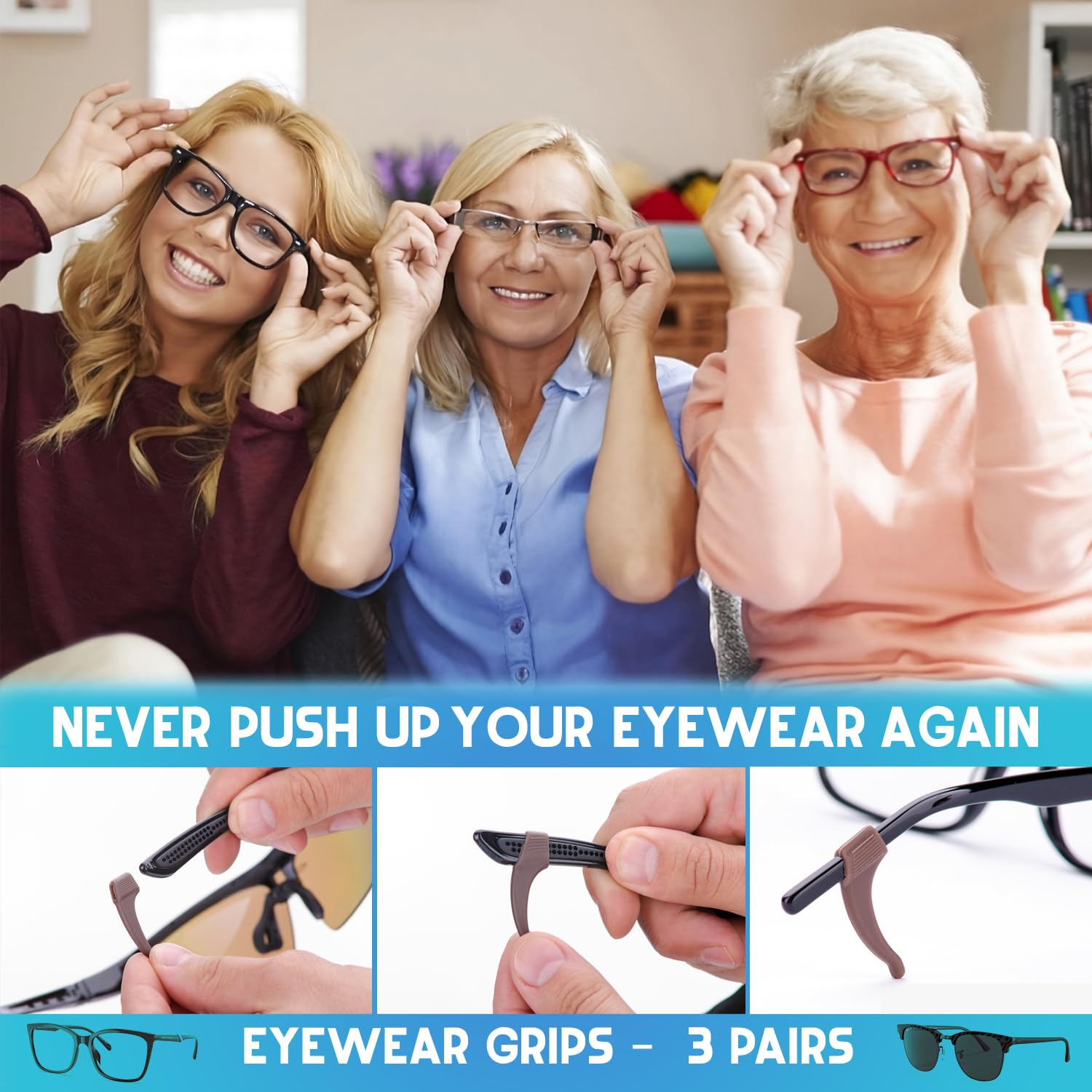 Anchor Glasses Straps - 3 Pack - Sunglasses Retainer Anti-Slip Glasses Grip Ear Hook Eyeglasses Anti-Slip Temple Tip Glasses Holder (Black)