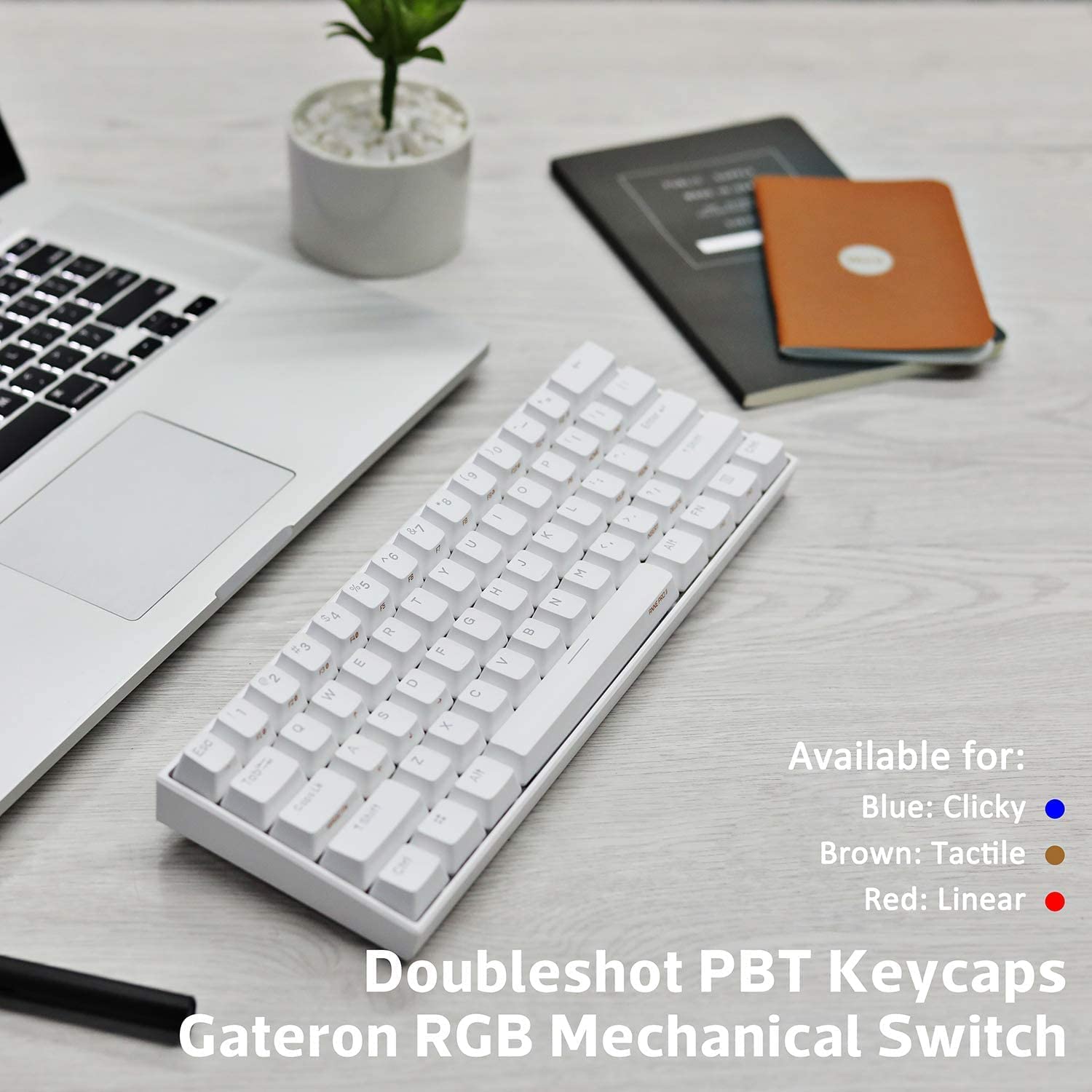 Anne PRO 2D, 60% Wired/Wireless Mechanical Keyboard (Gateron Red Switch/White Case) - Full Keys Programmable - True RGB Backlit - Tap Arrow Keys - Double Shot PBT Keycaps - NKRO - 1900mAh Battery