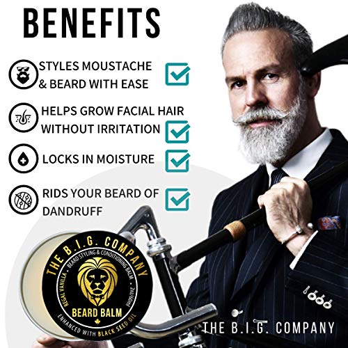 Beard Balm for Men - The B.I.G. Company - Beard Moisturizer & Conditioner with Beeswax for Medium Hold Styling Ease - Black Seed Oil & Argan Oil Supports Beard Growth [Classy Regal Vanilla Scent]