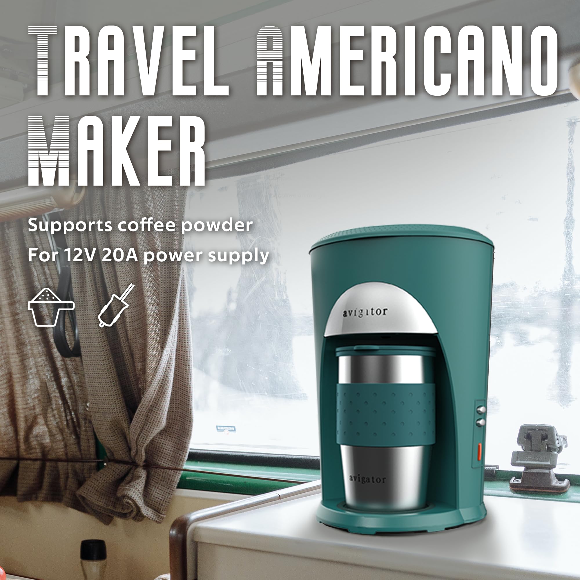 avigator Portable Coffee Maker, 12V Car Coffee Maker, Travel Coffee Machine Fits Car Cigarette Lighter Plug, with Fast Heating, Auto Shut Off, Ground Coffee Maker for Driving Camping&RV(Dark Green)