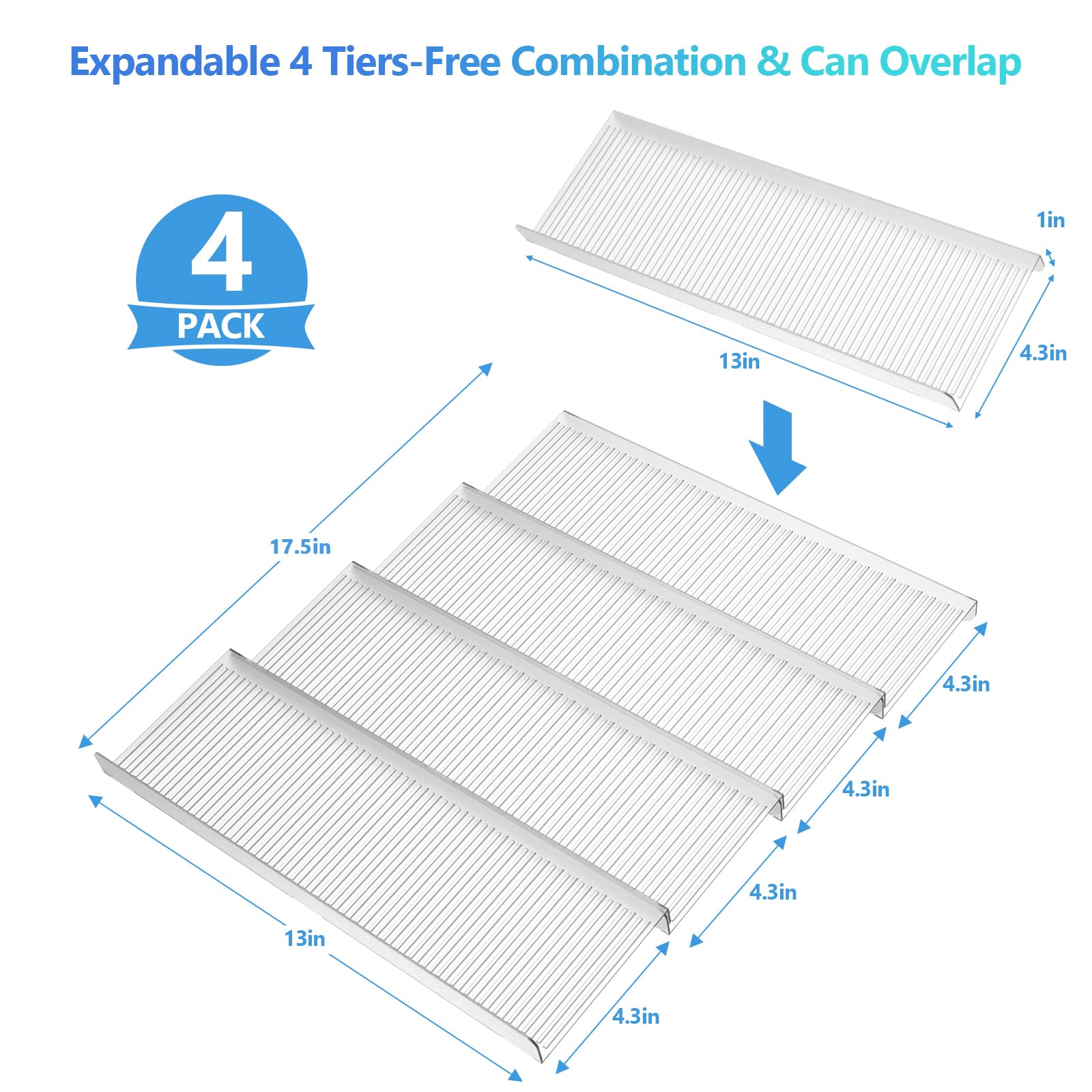SZWQILIN Spice Drawer Organizer, Spice Rack Drawer for Kitchen,4 Tier Clear Acrylic, Expandable From 13" to 26" Spice Rack Tray for Cabinet/Countertop(4 Pcs Clear)